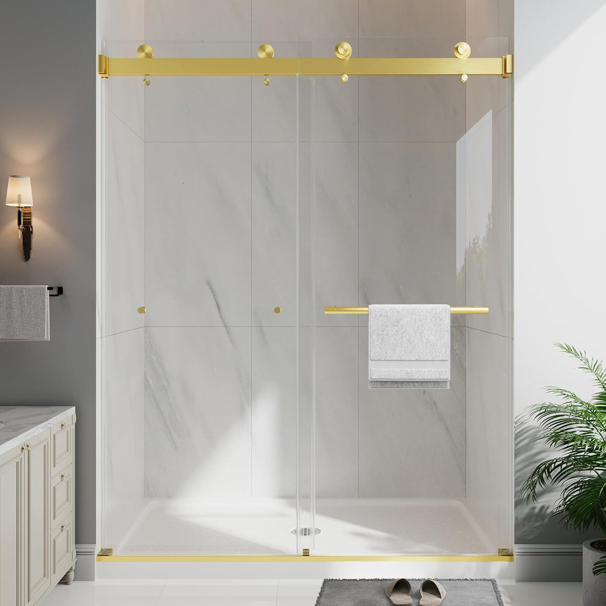 EASYWORC 61"-66" W x 72" H Single Sliding Frameless Shower Door in ...