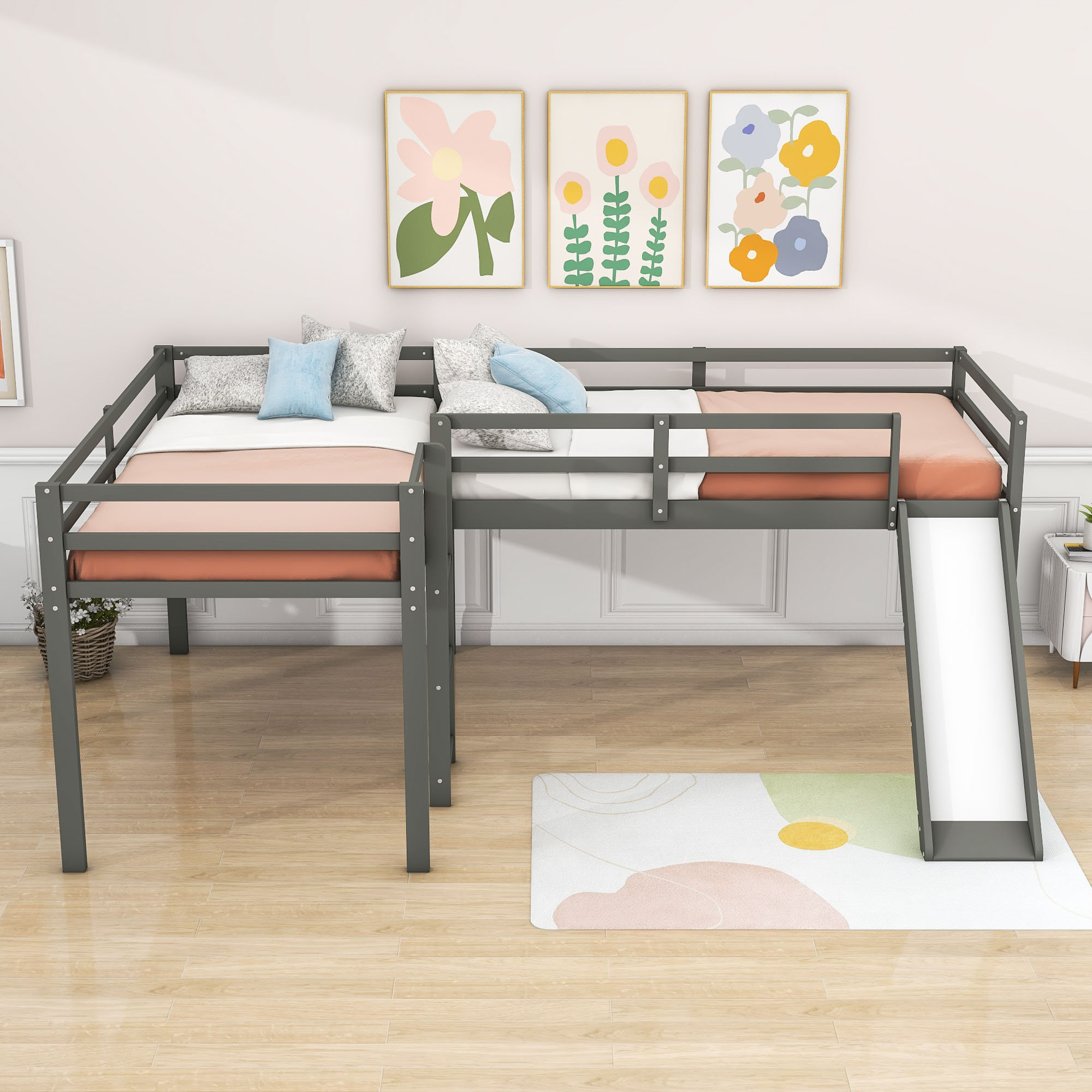 Harriet Bee Esteri Twin Size L-Shaped Loft Bed, Wood Loft Bed with ...