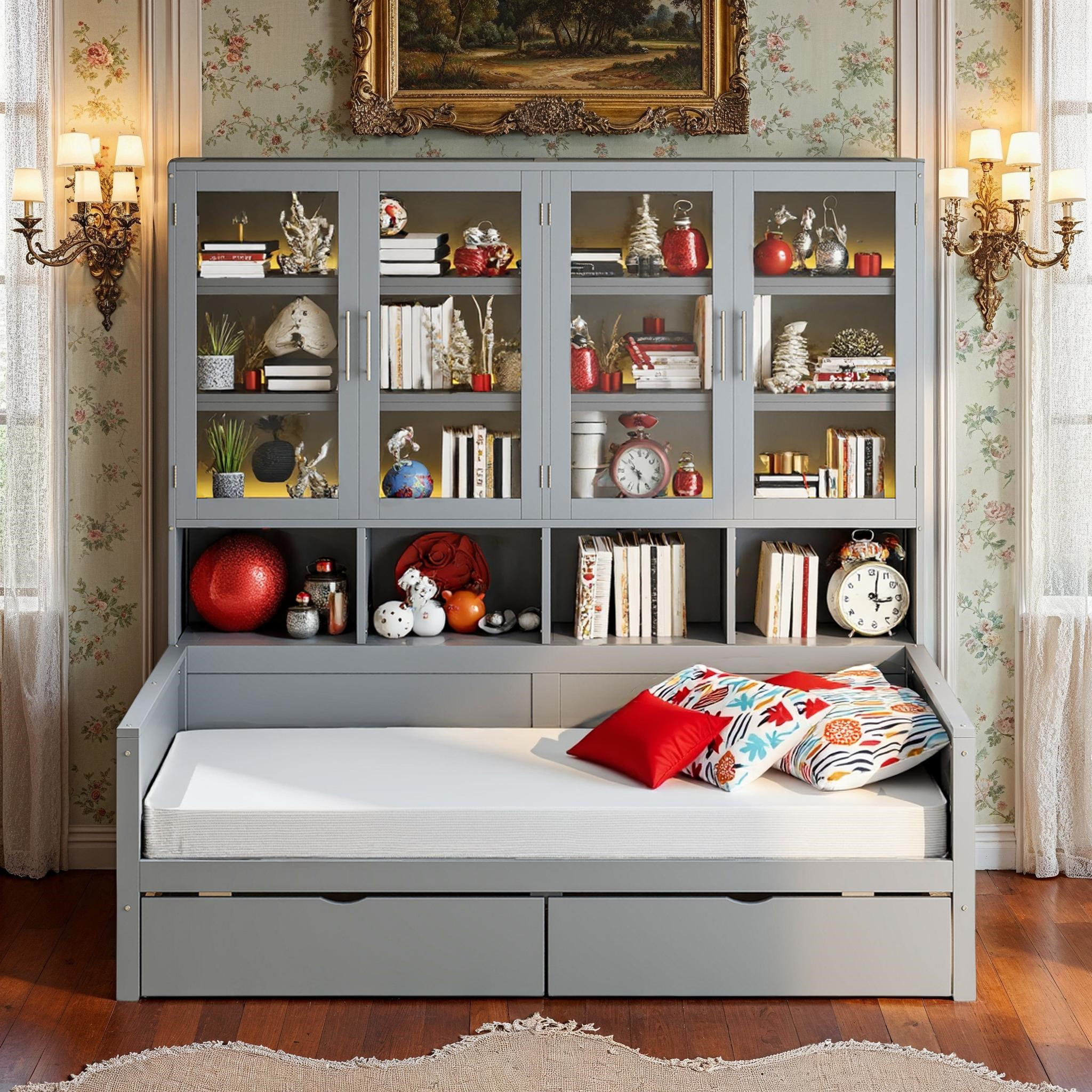 Red Barrel Studio® Wooden Daybed with Glass Cabinet & LED Glow | Wayfair