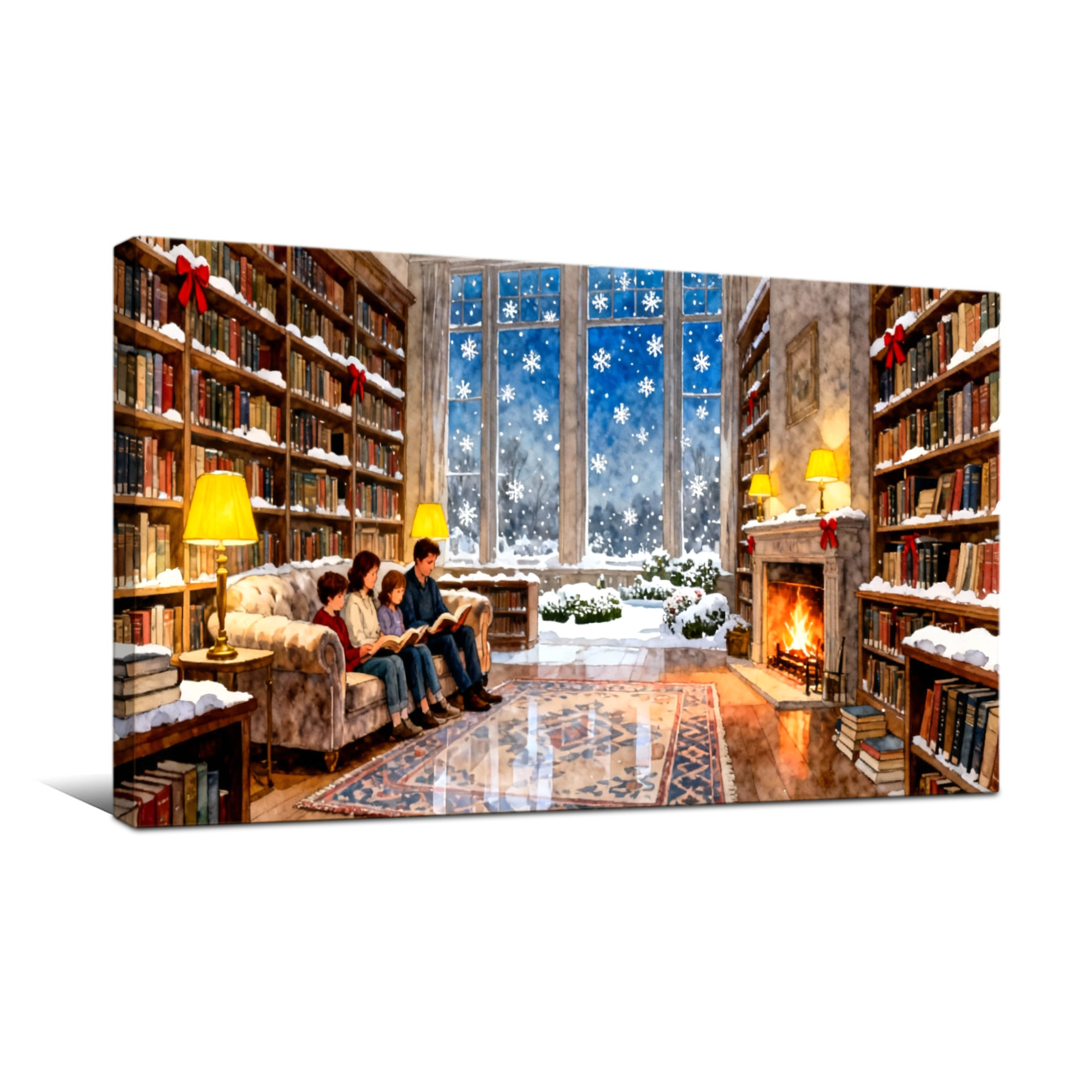 August Grove® Christmas Cozy Library Winter Reading Scene Fireplace ...