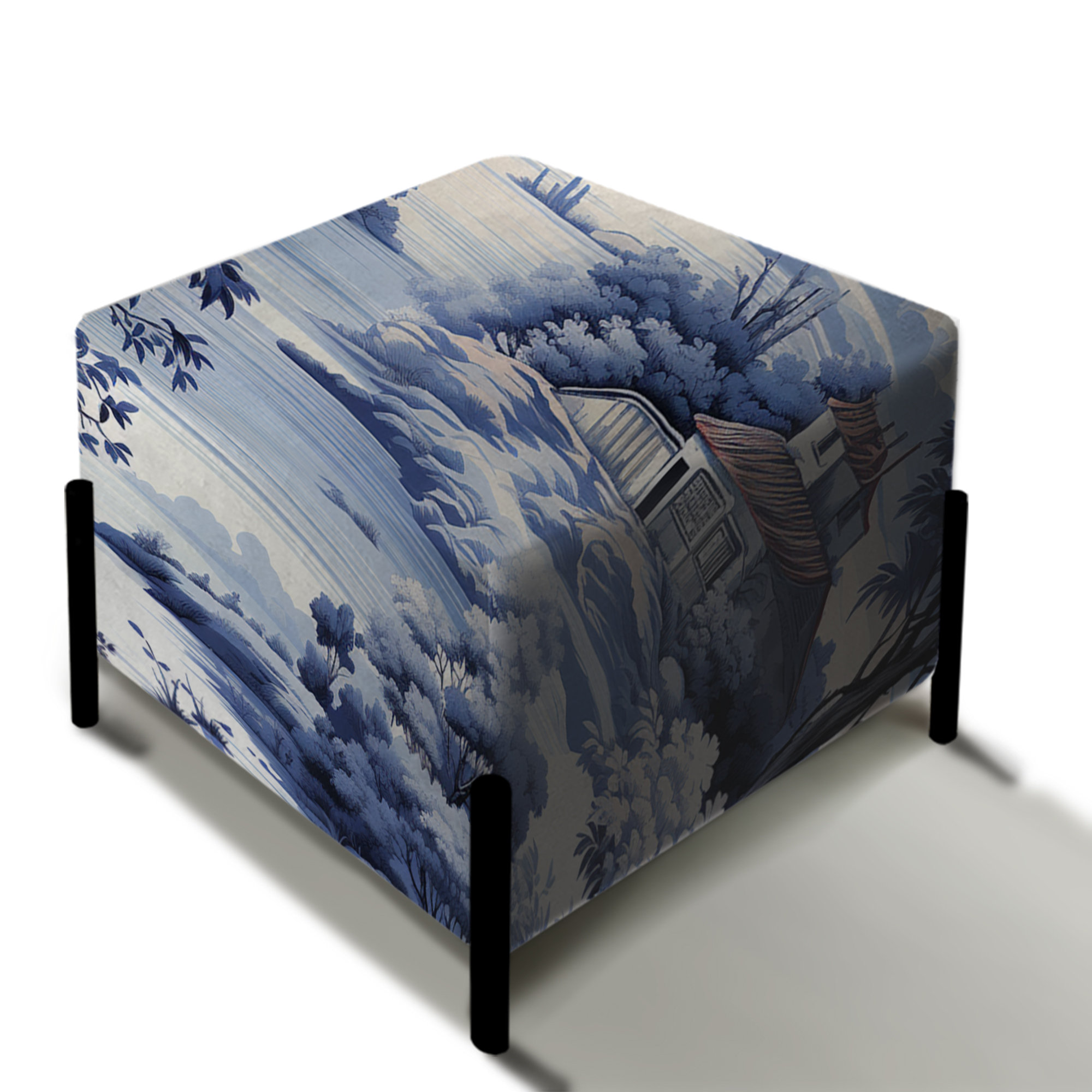 Design Art Cobalt Toile Victorian Pattern - Floral Square Ottoman | Wayfair