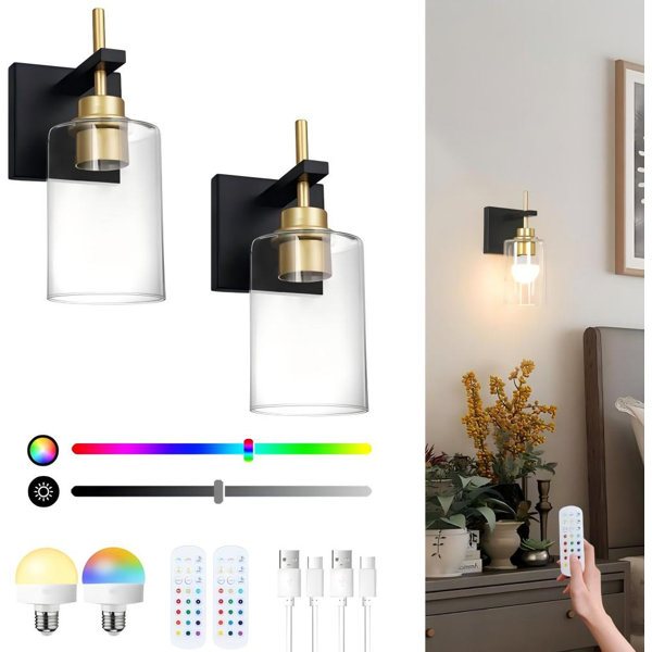 Mercer41 Battery Operated Wall Sconce Set of 2, Black and Gold Sconce ...