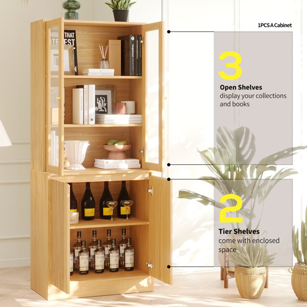 Ebern Designs 71” Wood Book Cabinet Storage Bookcase With 2 Tempered ...