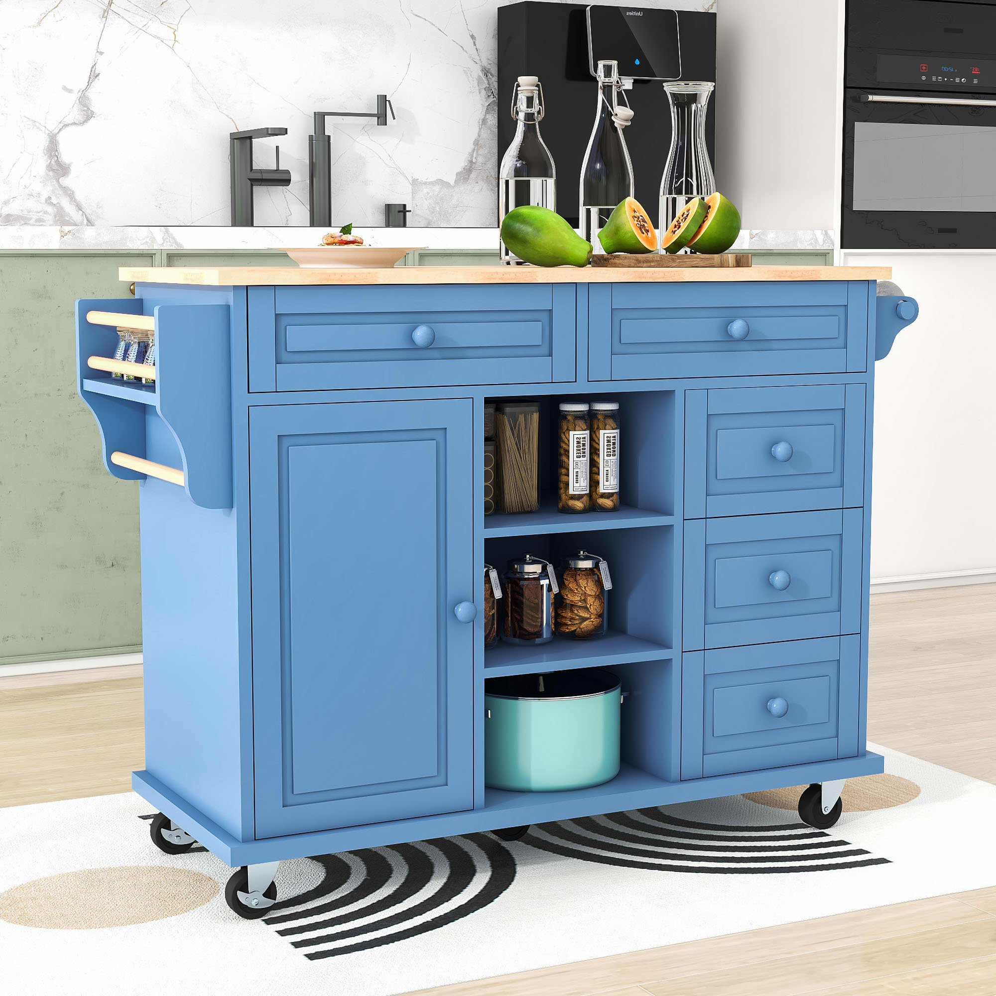 Charlton Home® Cletys Rolling Mobile Kitchen Island with 5 Drawers ...
