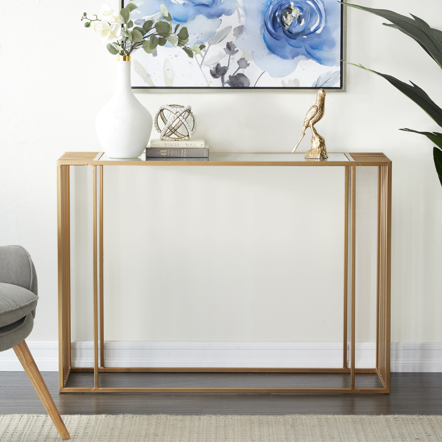 Everly Quinn Metal Geometric Gold Console Table with Mirrored Glass Top ...