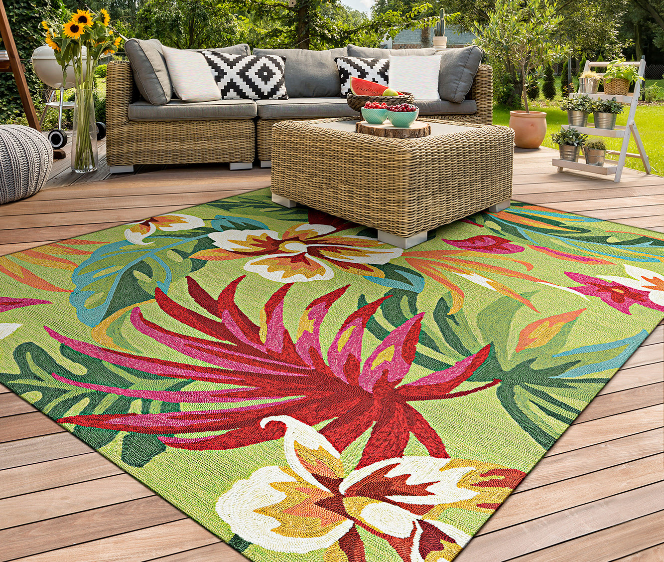 Beachcrest Home Stowthewold Floral Fern Green Red Handmade Indoor ...