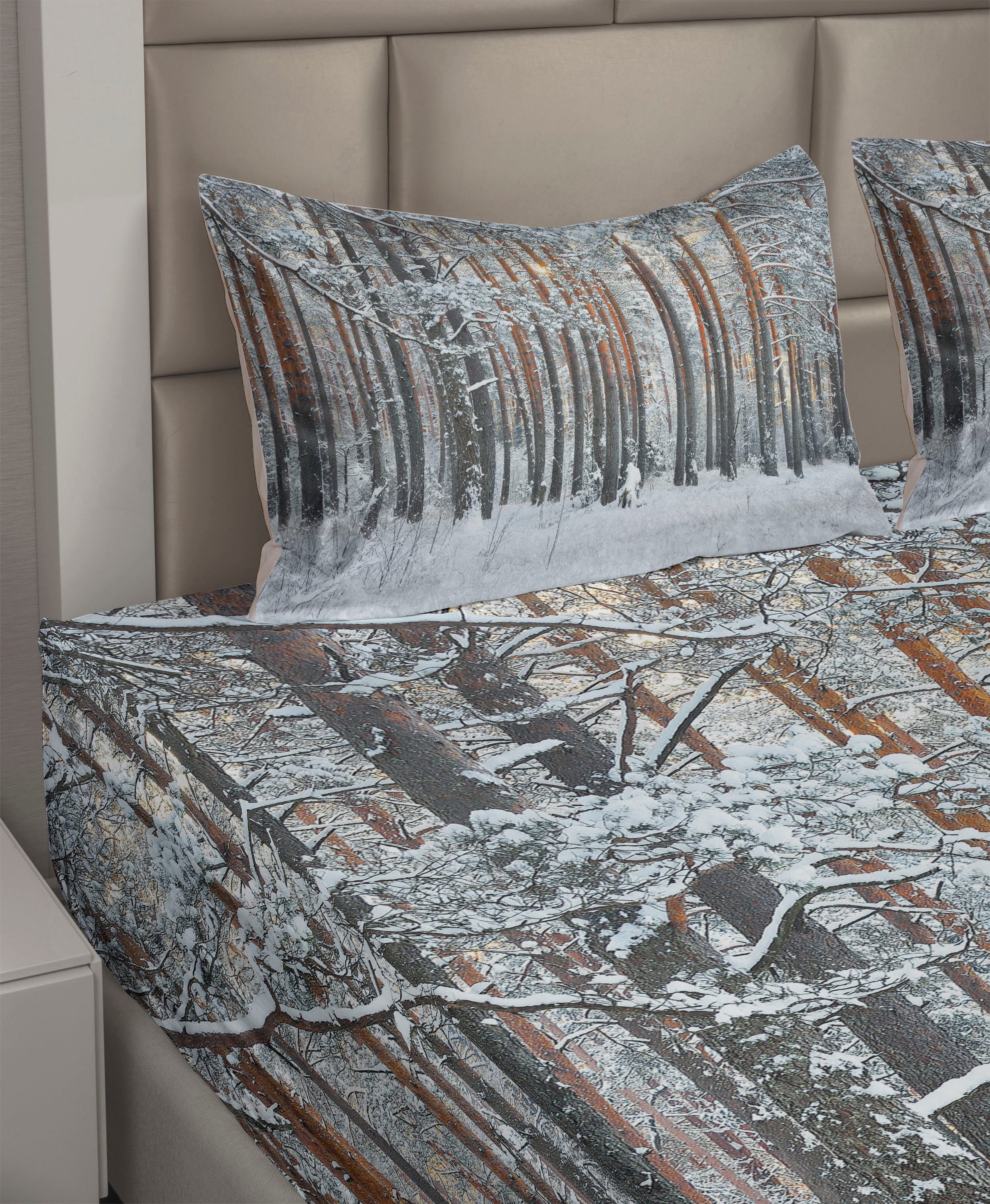 Ambesonne Tree Sheet Set Snowy Spruce Forest Scenery Pale Taupe ...