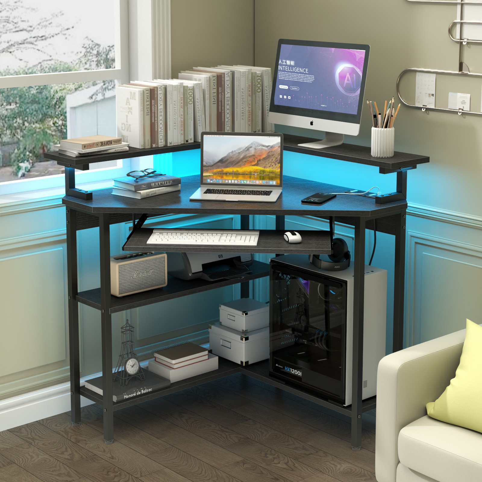 Wrought Studio Fitnat Corner Desk with Power Outlet, LED Triangle ...