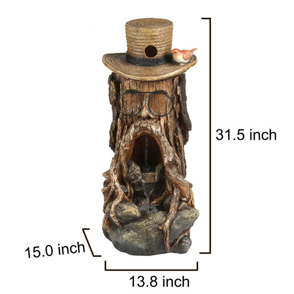 Trinx Resin Tree Stump Face Fountain with Light and Bird House | Wayfair