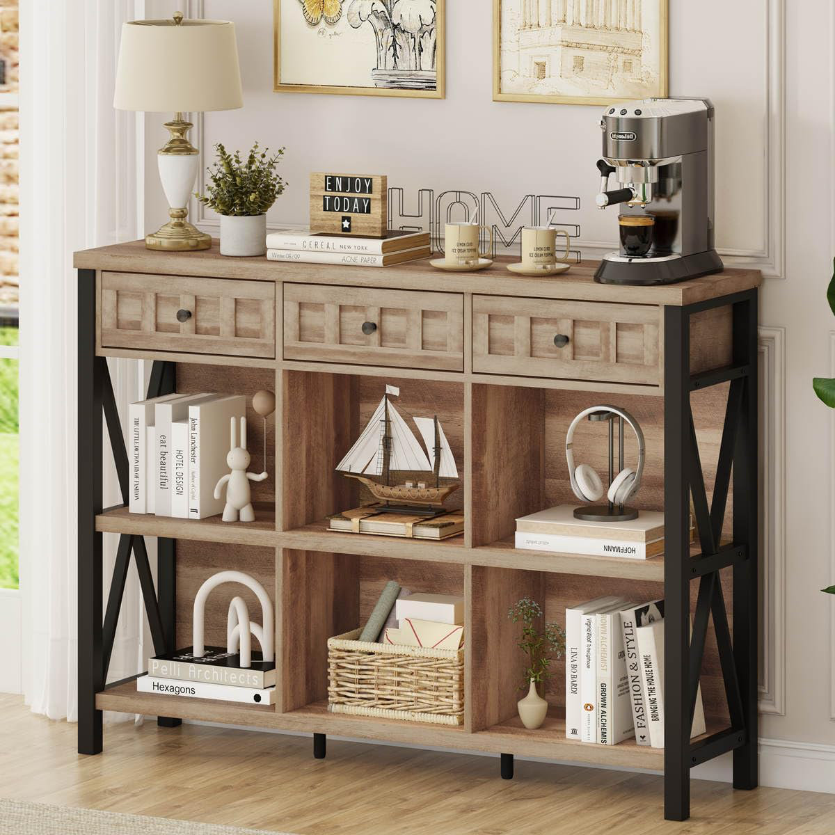 17 Stories Rustic 6 Cube Bookcase With 3 Drawers, Long Horizontal ...