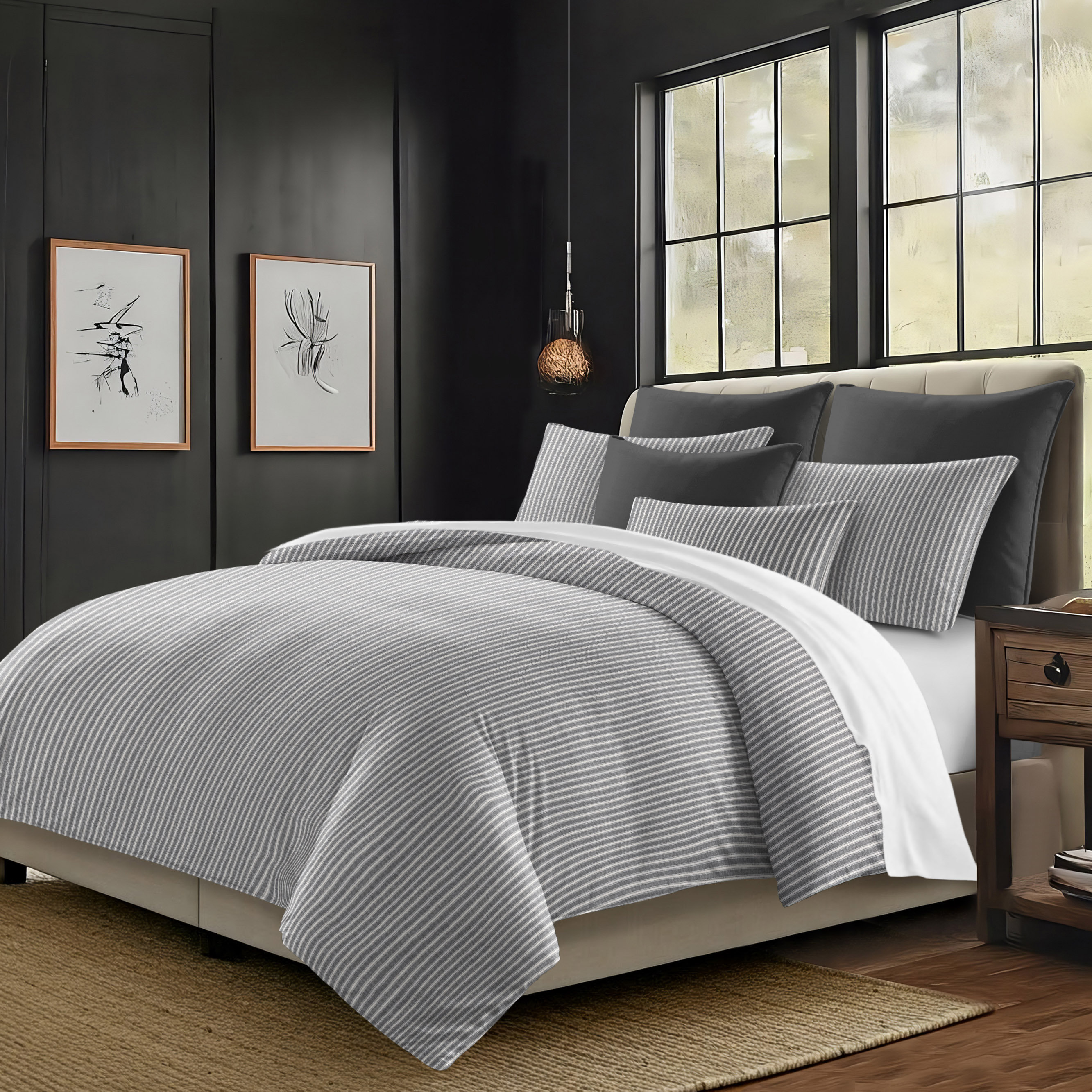 6ix Tailors Fine Linens Walker Ticking Stripe Iron/Ivory Cotton ...