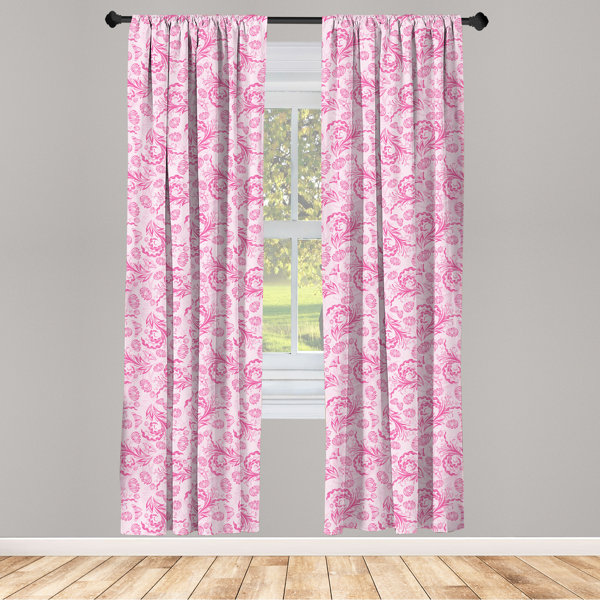 Ambesonne Pink 4-Panel Curtains, Flowers Dots Butterflies Love Pink and ...