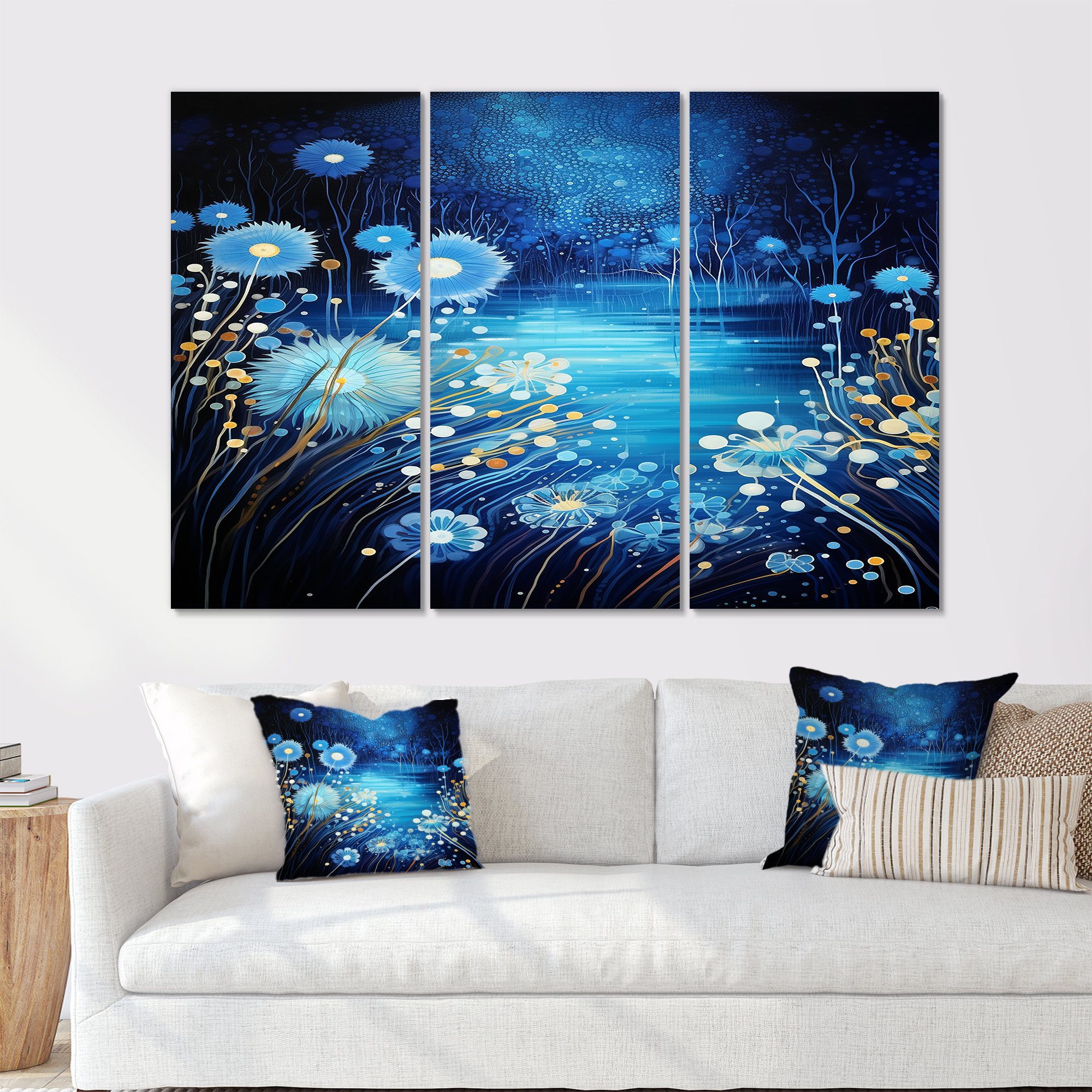Design Art Dandelion Pappus Misty Blue River At Night - Dandelion Wall ...