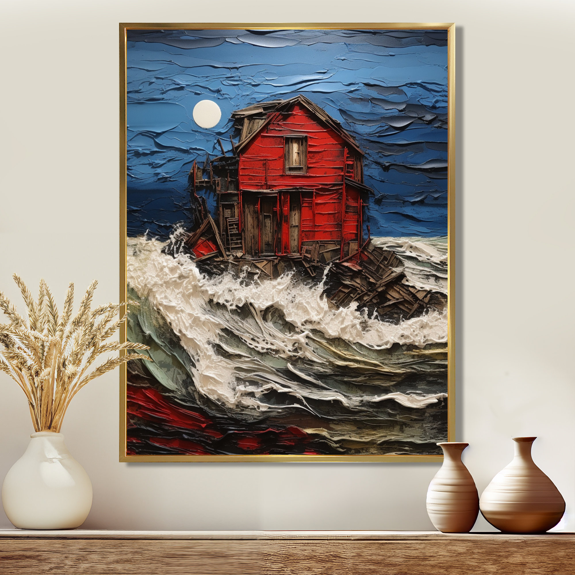 Gracie Oaks Red Beach House Wild Waves Full Moon I - Beach & Ocean Wall ...