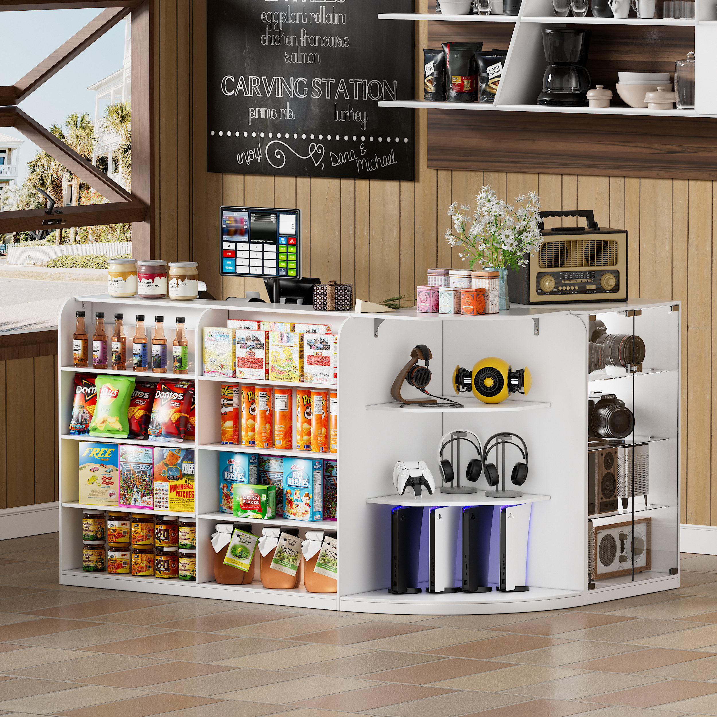 Ebern Designs Bureau de réception en L avec 3 tiroirs et vitrine, comptoir de réception avec ...