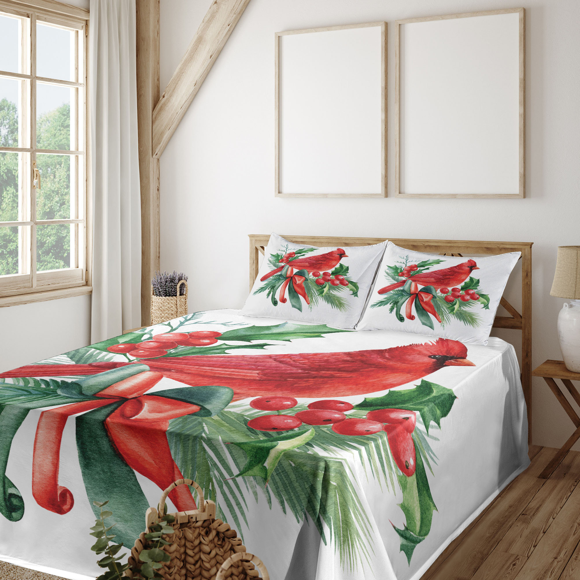 Ambesonne Cardinal Sheet Set Red Bird Berries Leaves Dark Pink and Fern ...