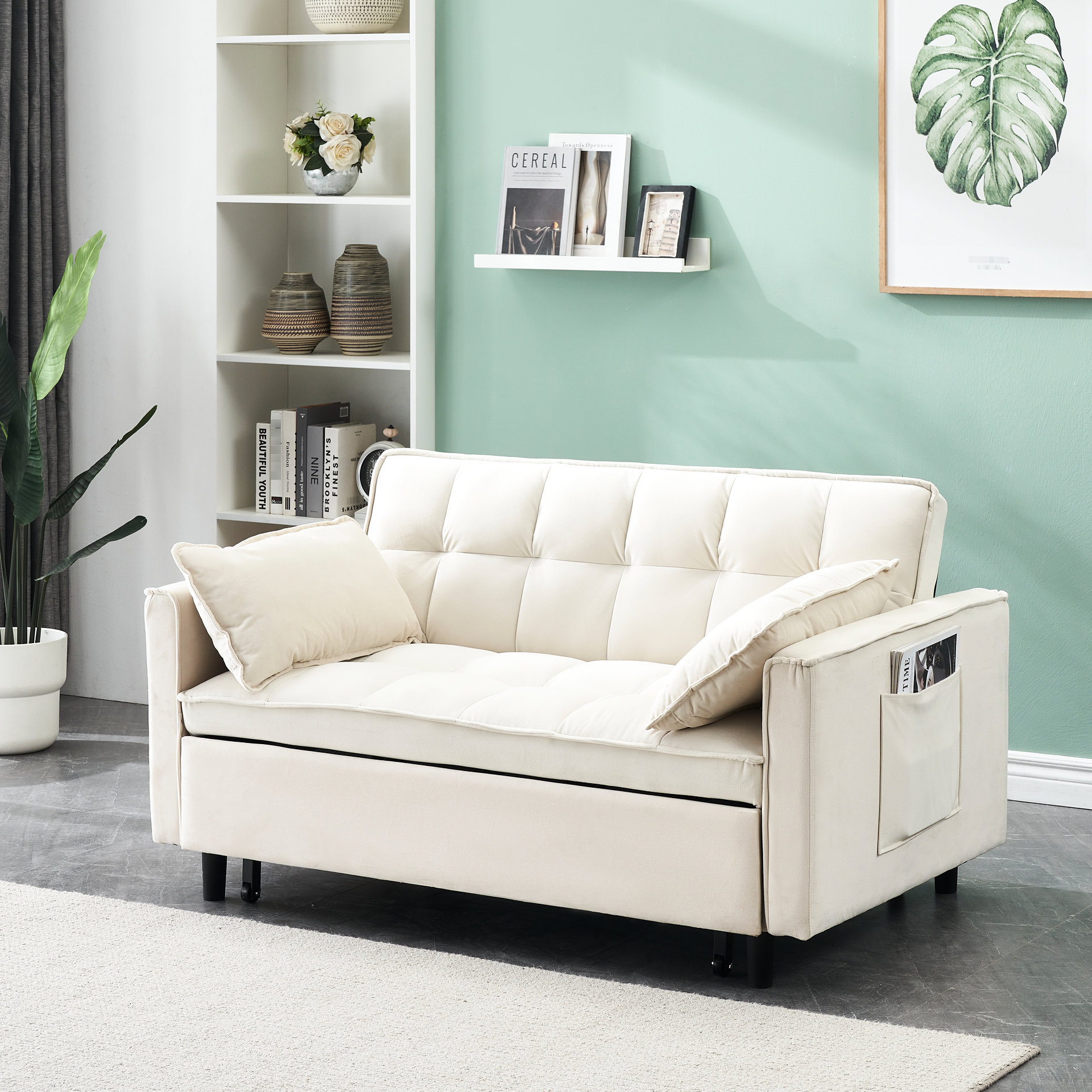 Latitude Run® 3 In 1 Convertible Velvet Bed Beige Color, Sponge Padding ...