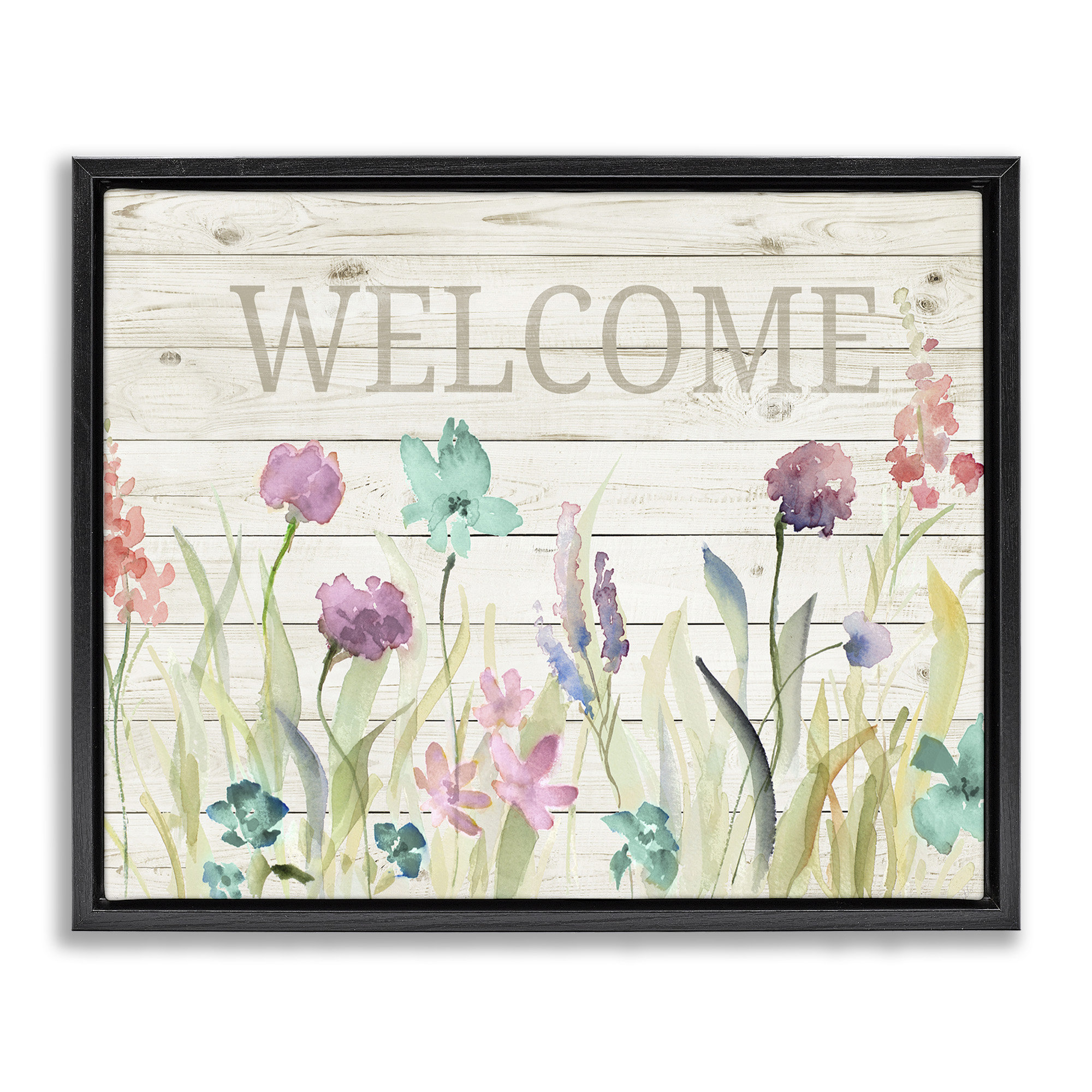 Gracie Oaks Welcome Sign Spring Wildflowers Framed Floater Canvas Wall ...