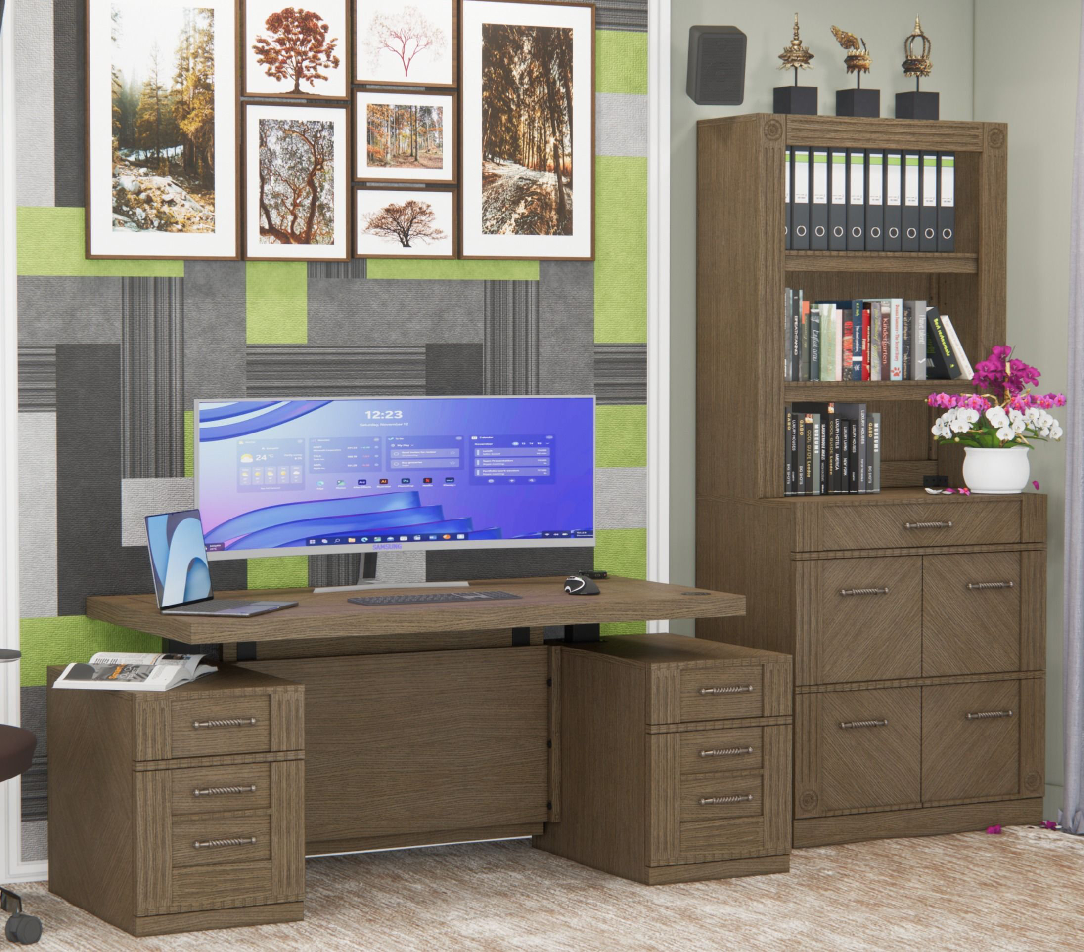 Hokku Designs Junus Sit-Stand Storage Desk with File Drawer Bookcase ...