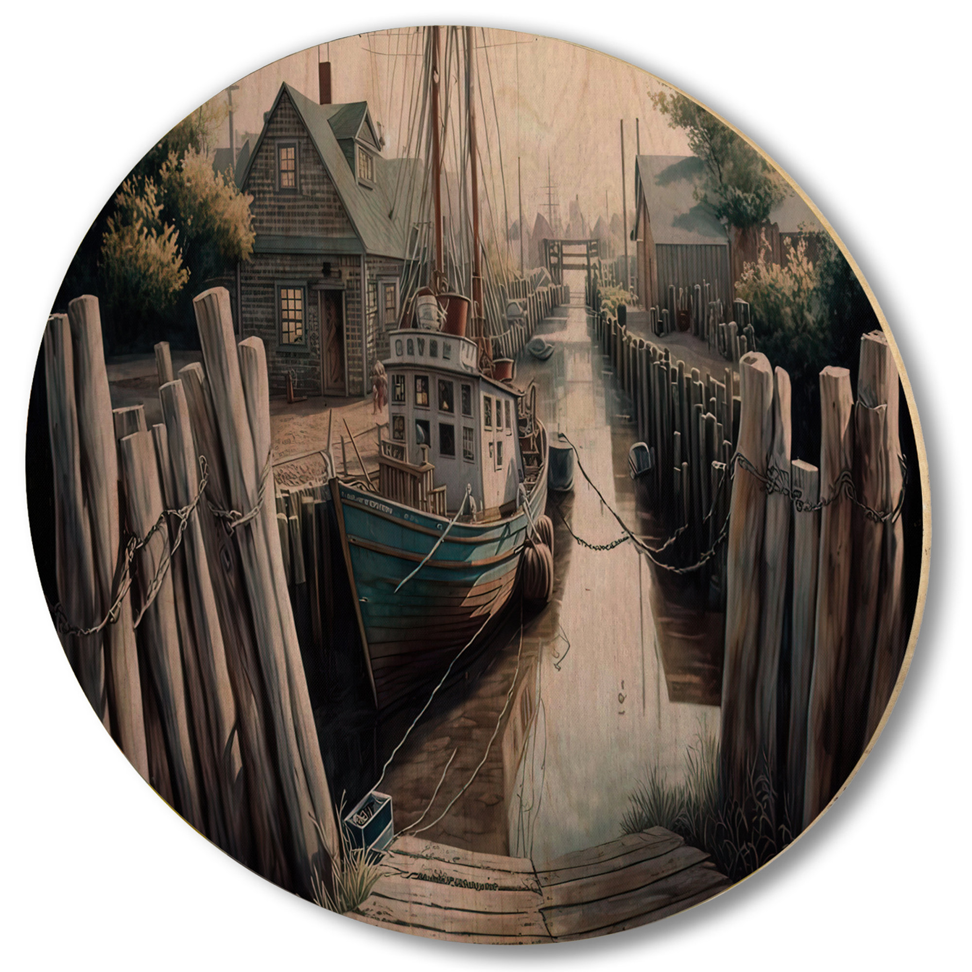 Longshore Tides Rustic Port With A Fishing Boat V - Coastal Wood Wall ...