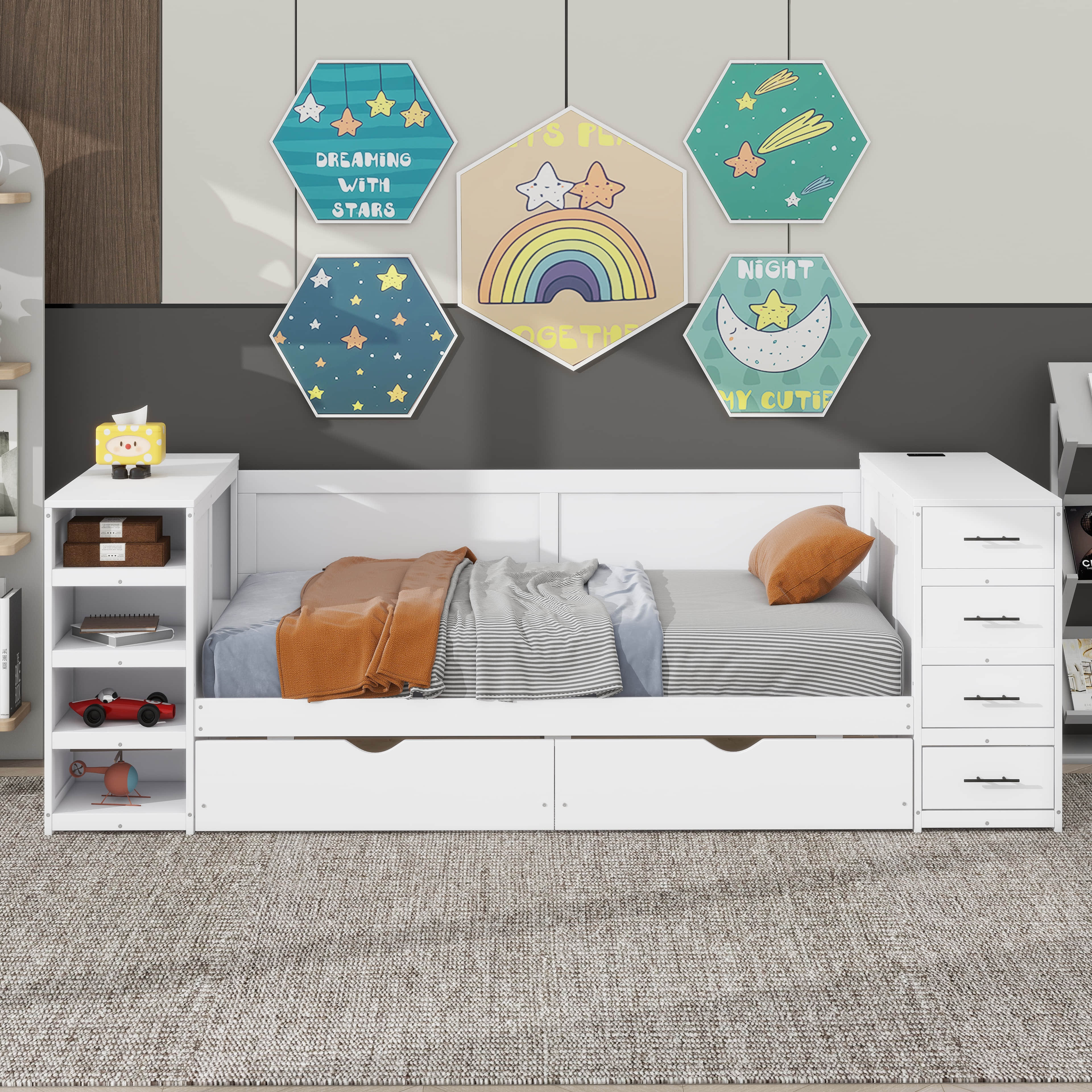 Lark Manor™ Wooden Twin Daybed With Side Shelves & Drawers, Paired With ...