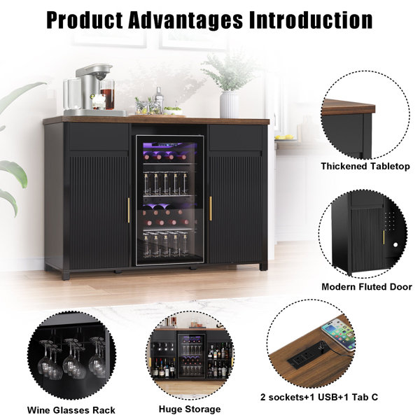 Winston Porter Large Coffee Bar Cabinet with Fridge Space, Mini Fridge ...
