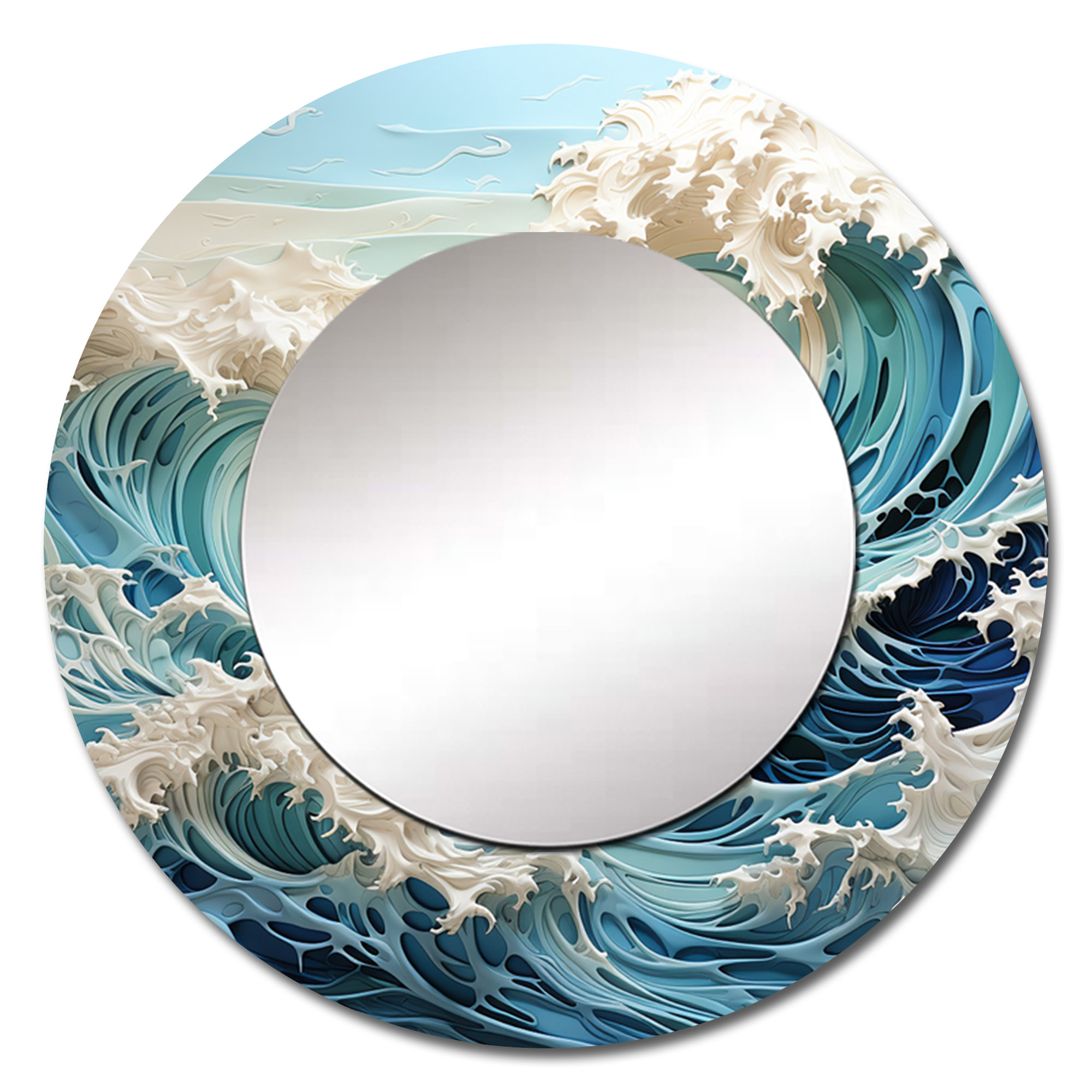 Design Art 'Blue Kinetic Beach Waves I' Round Coastal Metal Mirror For ...