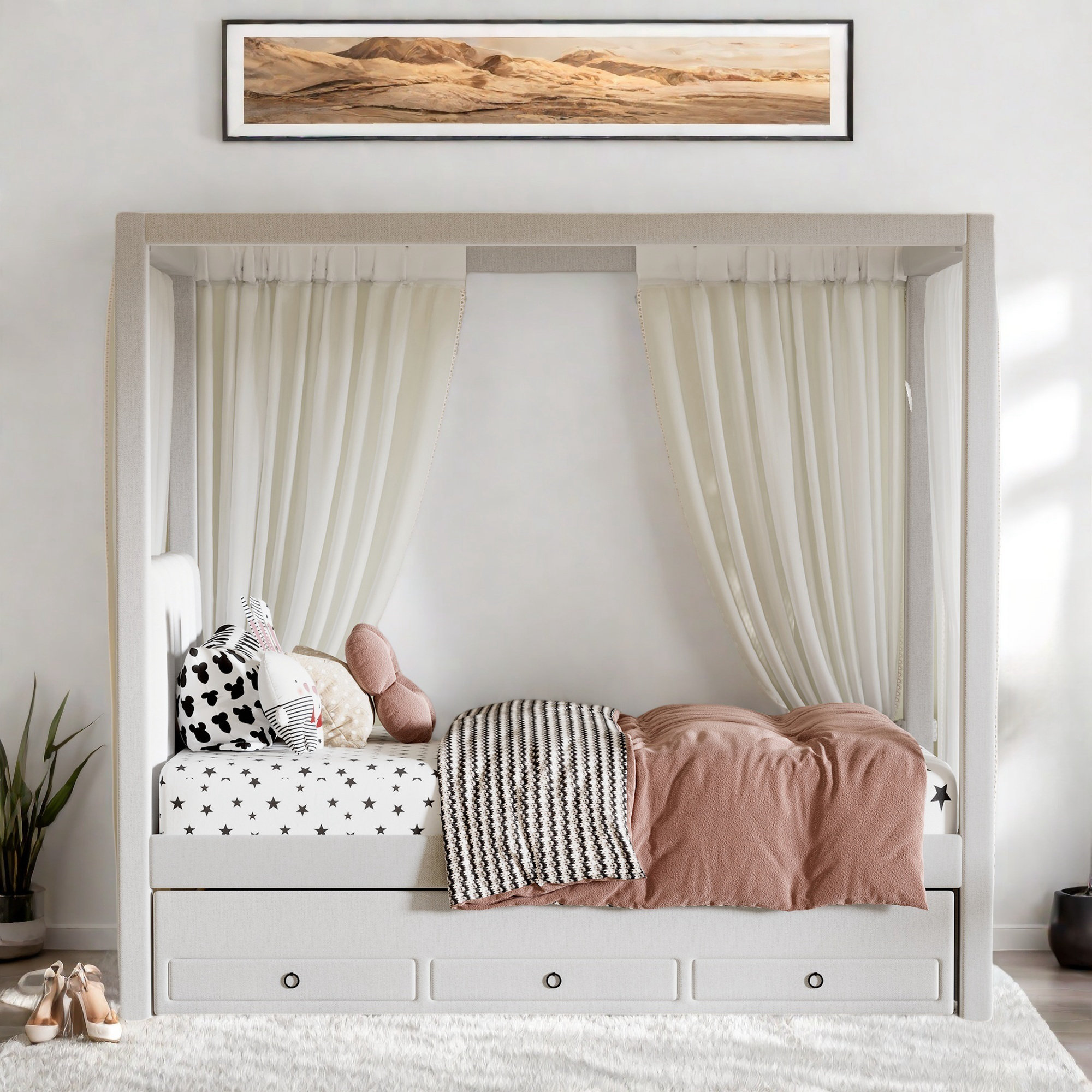 Latitude Run® Upholstered Canopy Platform Bed With Trundle And Three ...