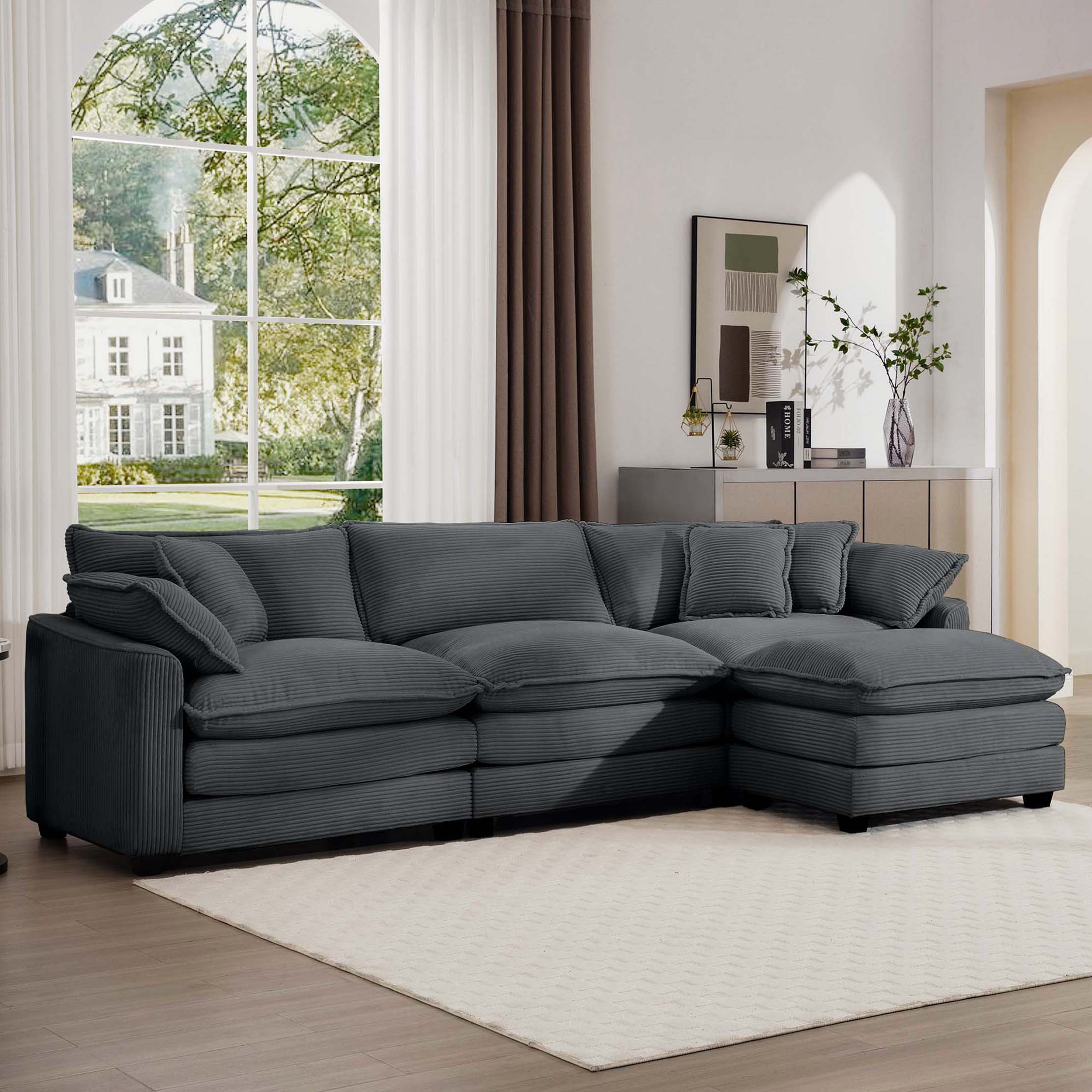 Latitude Run® Corduroy 3-seater sofa with 1 footrest, L-shaped double ...