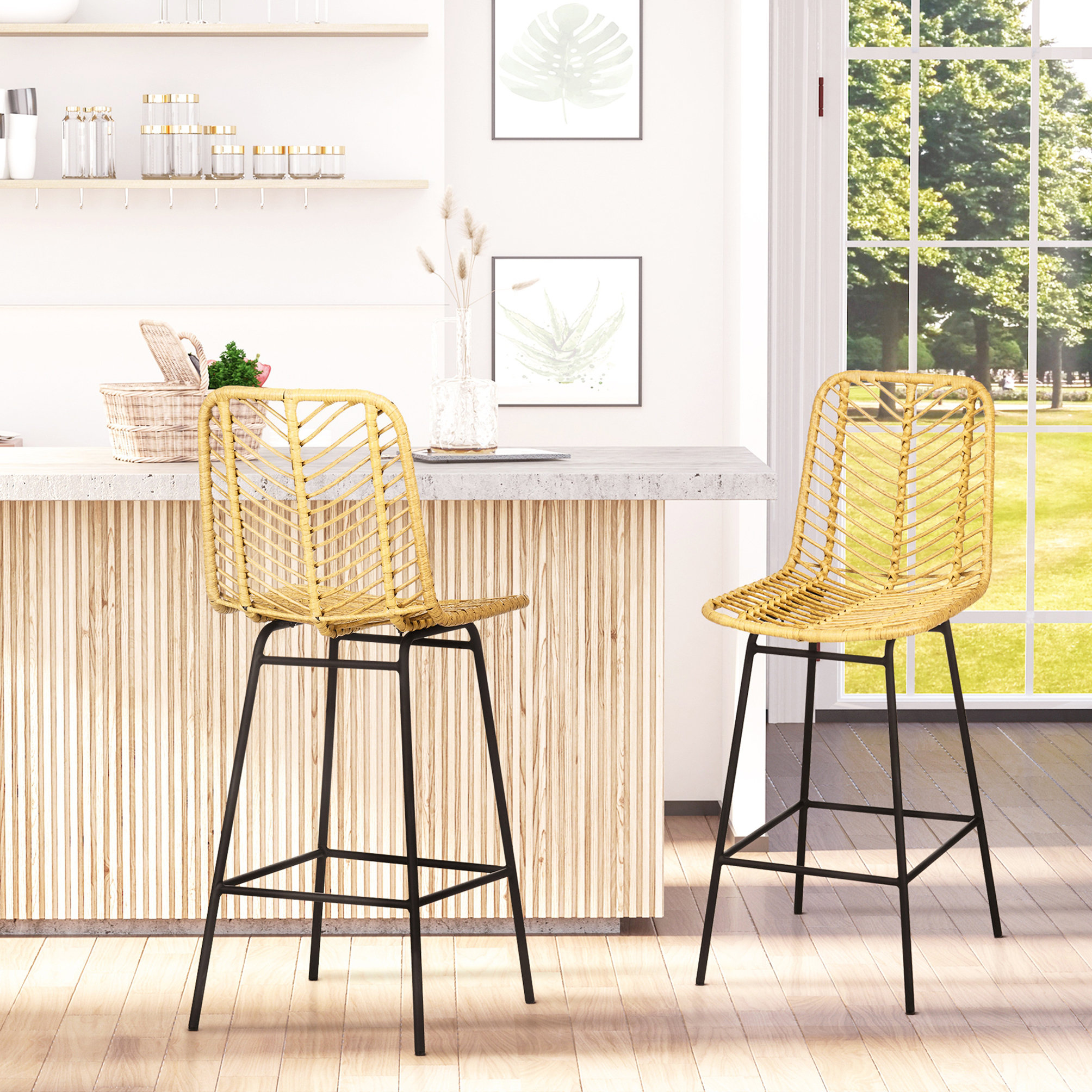 Dakota Fields Rattan Bar Stools, Counter Height Barstools, Boho Kitchen ...