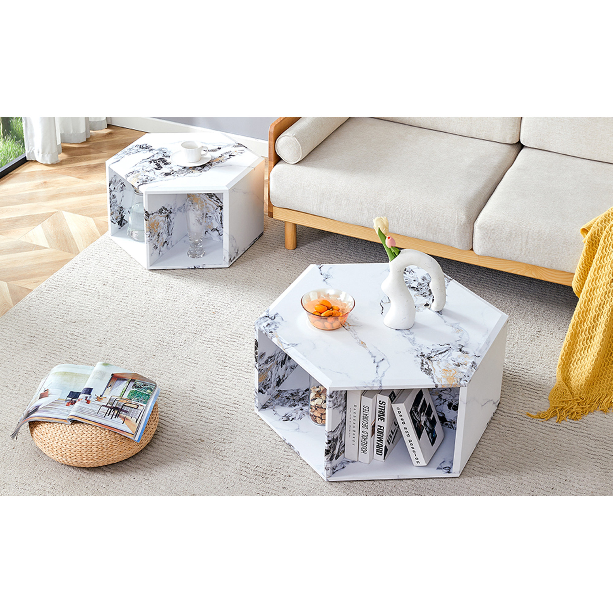 Ivy Bronx Minimalist Patterns Hexagonal Coffee Table Set. Hexagonal MDF ...