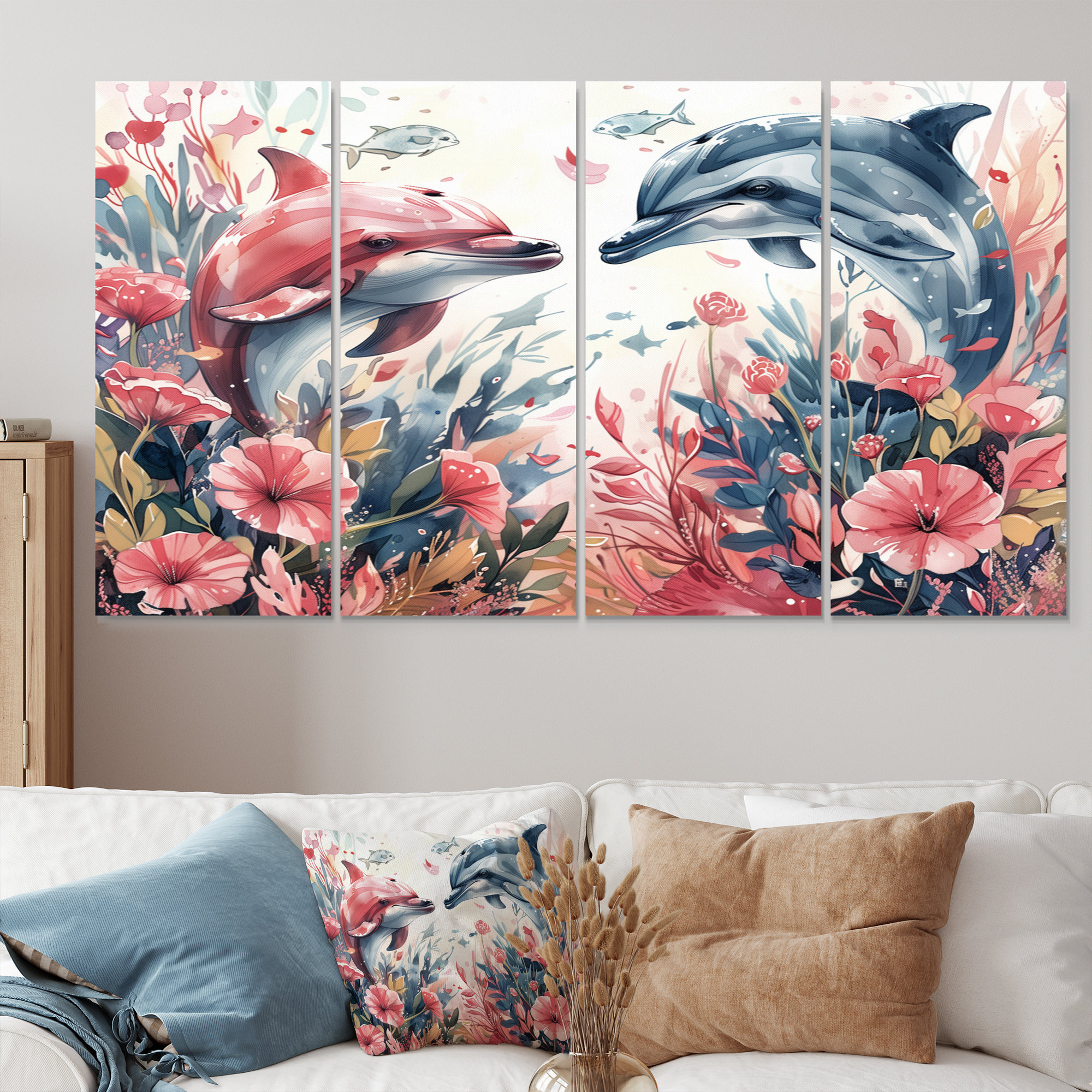 Beachcrest Home Grey Pink Dancing Dolphins Sea Creatures - Sea ...