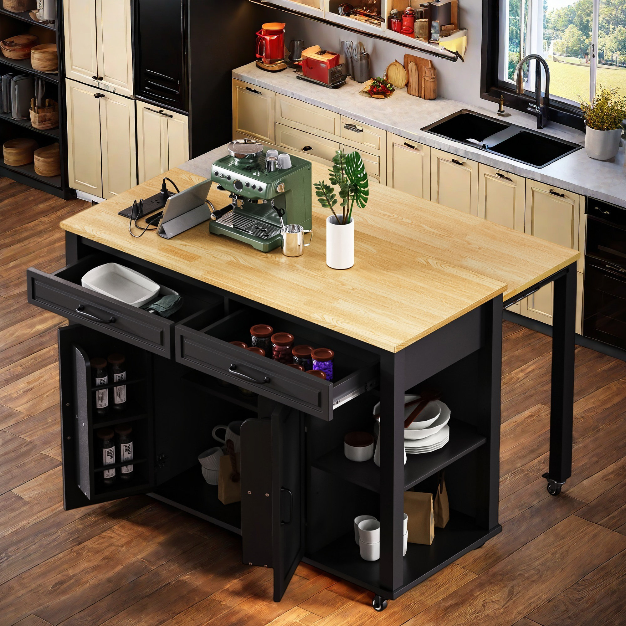 Gracie Oaks Kitchen Island With Extendable Dining Table, Internal ...