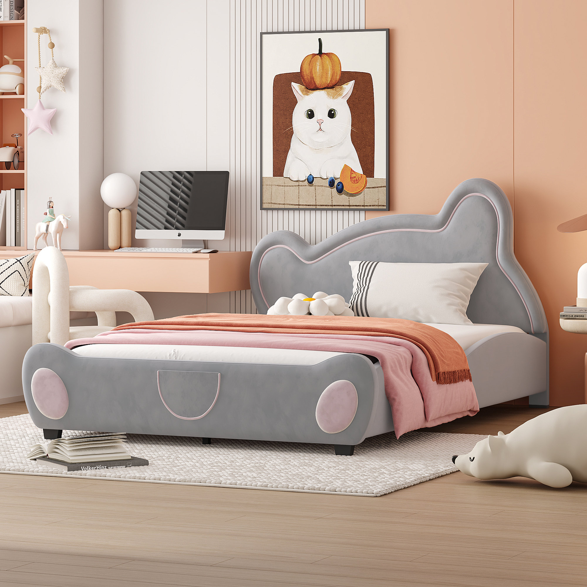 Zoomie Kids Charming Bear-shaped Platform Bed With Velvet Upholstery ...