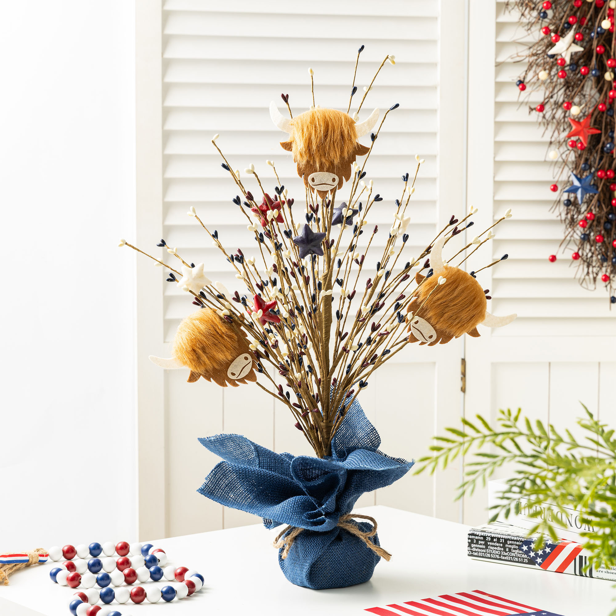 The Holiday Aisle® Patriotic Highland Cow Table Tree With Berries ...