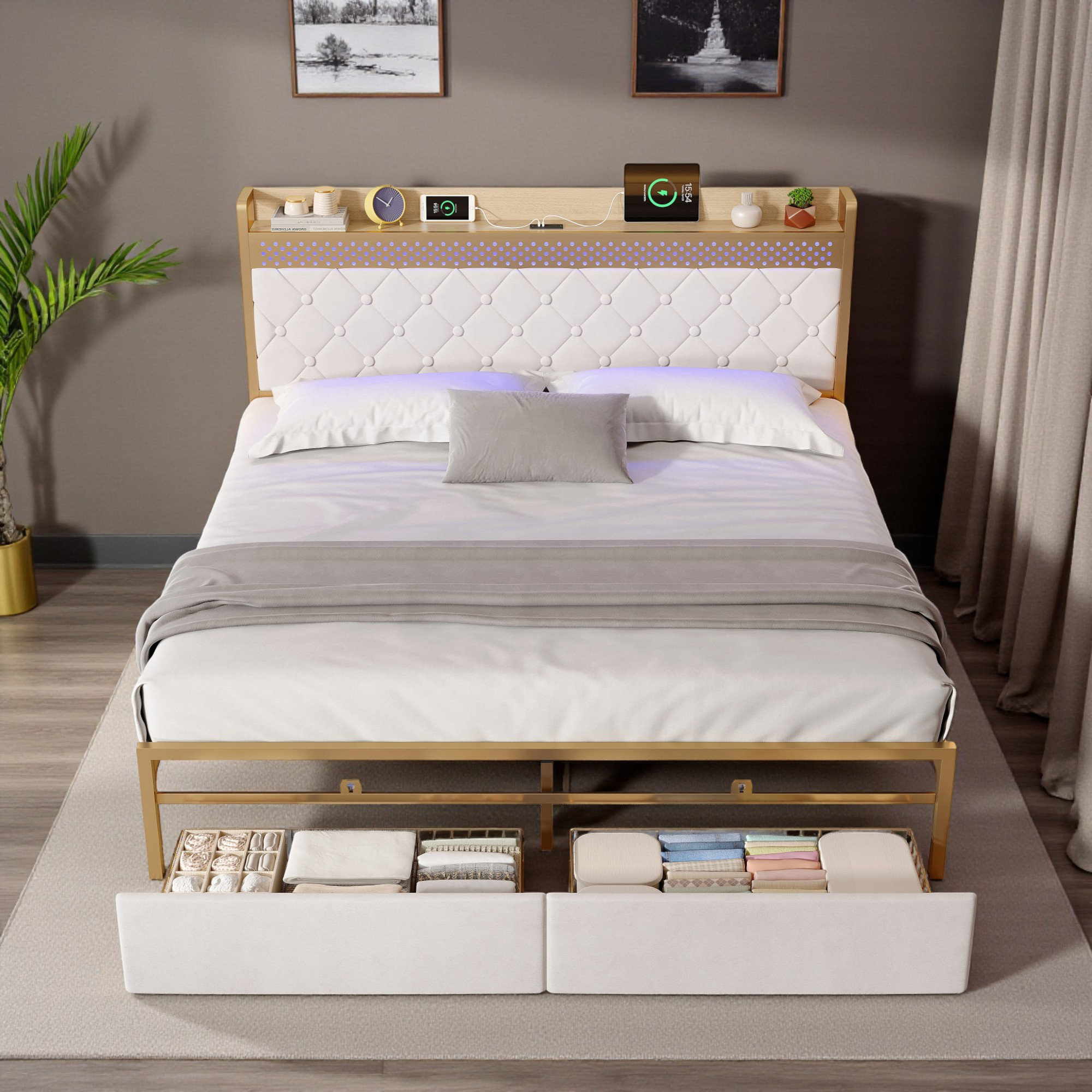 Metro Lane Beige Velvet 4Ft6 Double Bed Frame With 2 Storage Drawers ...