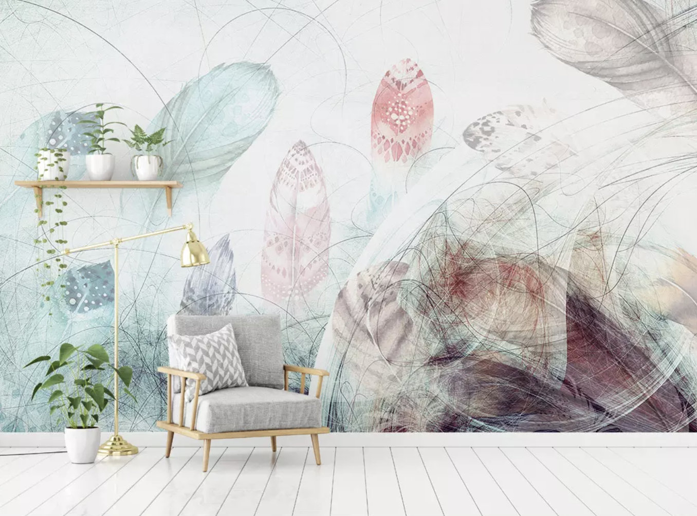 GK Wall Design Soft Feathers Abstract Line Drawing 6.25' L x 112" W ...
