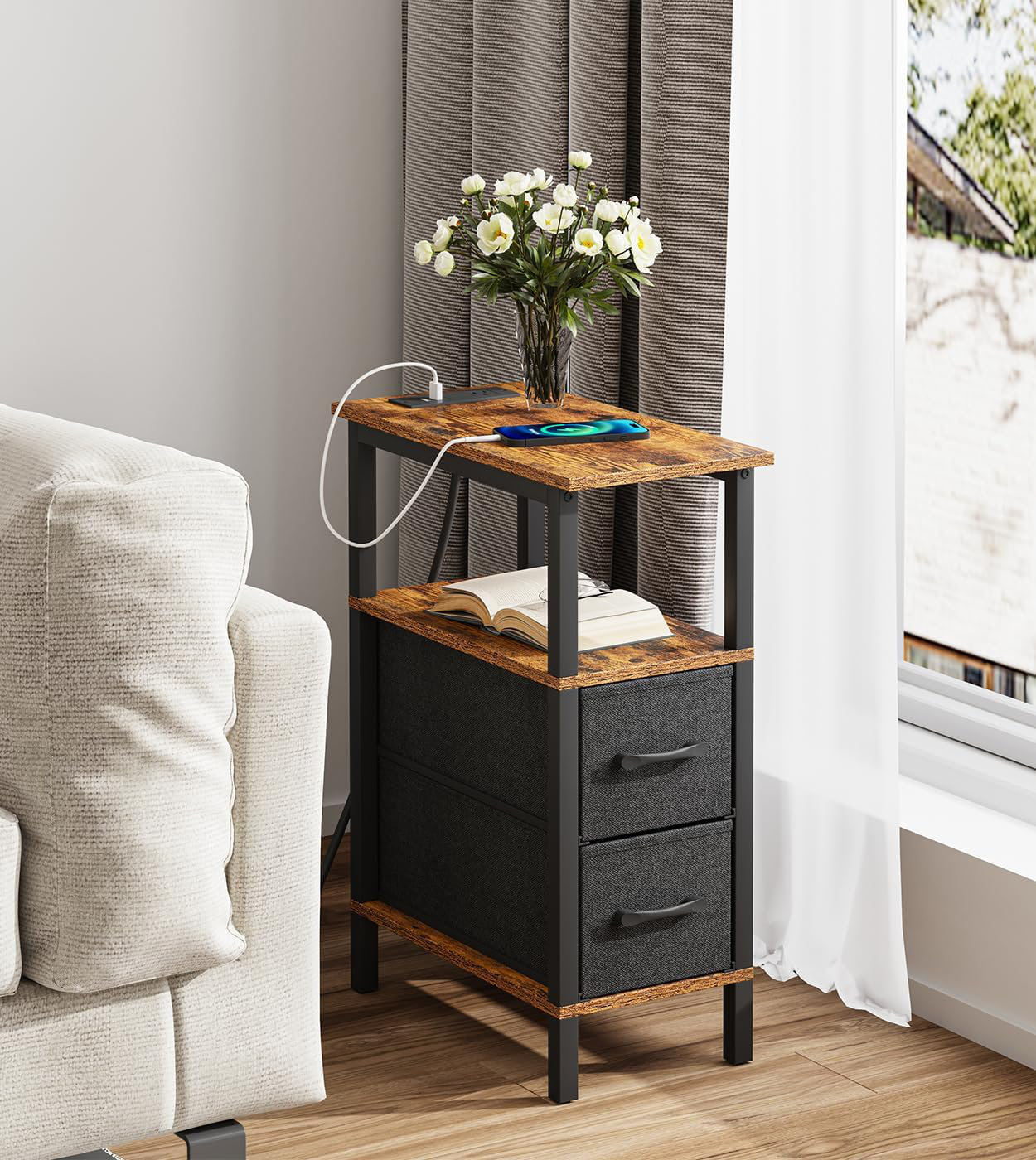 17 Stories Macdonald Slim Side Table With Charging Station And Storage ...
