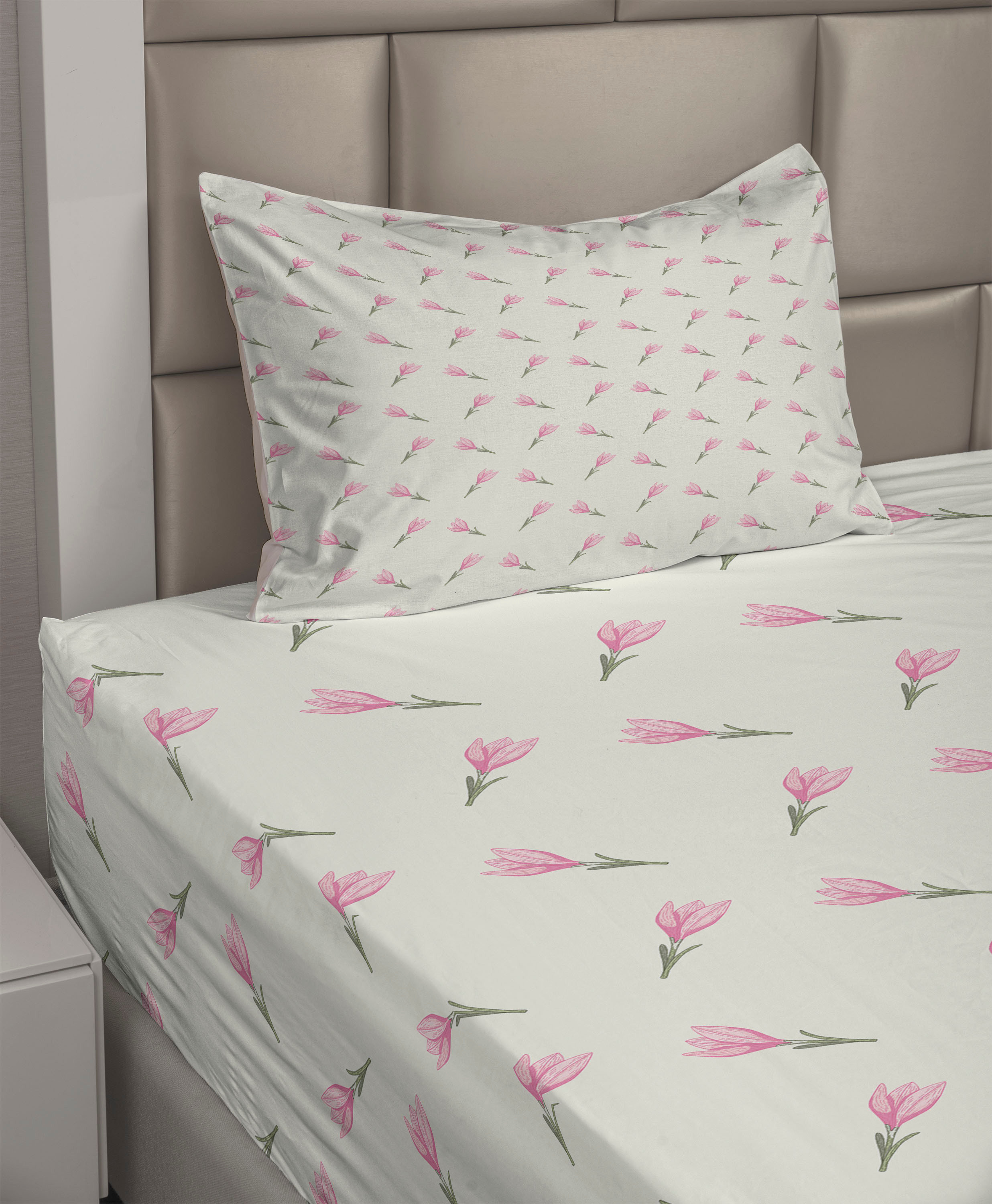 Ambesonne Floral Sheet Set Crocus Flowers Geometric Pale Pink and Slate ...