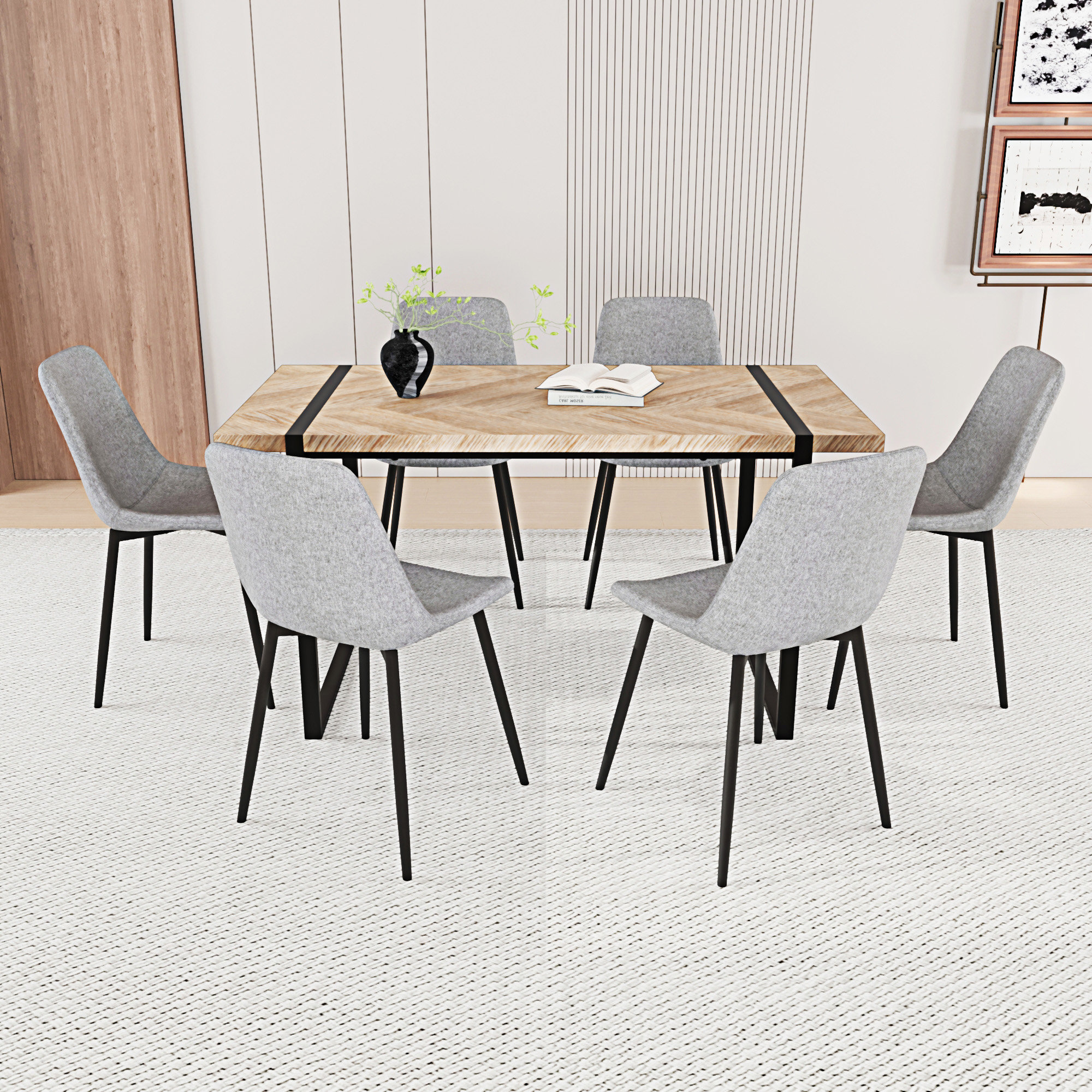 George Oliver 59" MDF Light Wood Dining Table And Modern Dining Chair 8 ...
