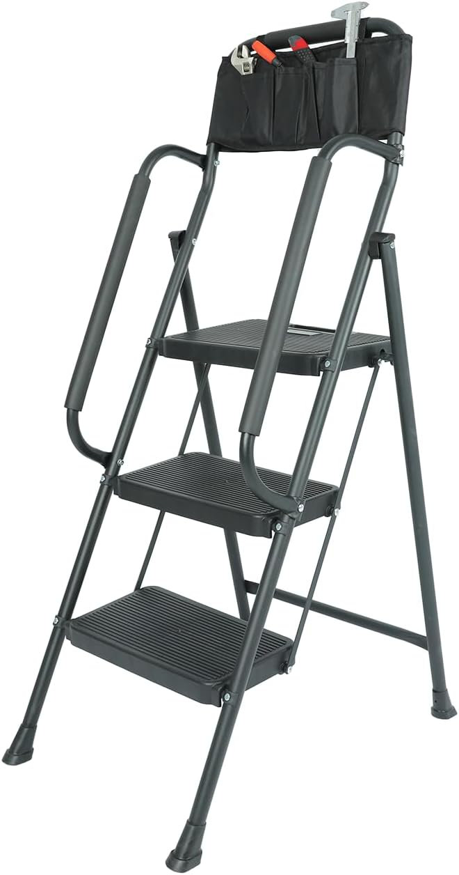 Hokku Designs 3 Step Ladder With Handrails & Attachable Tool Bag, 500 ...