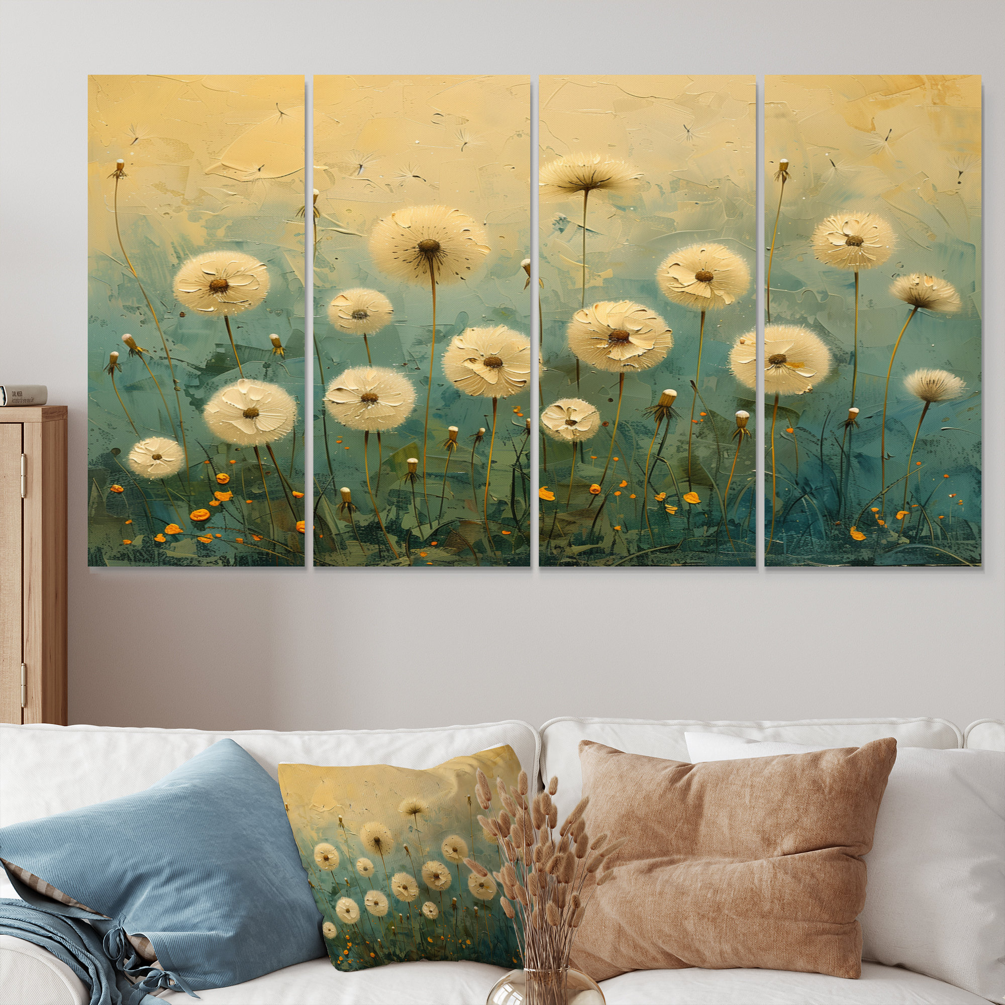 August Grove® Beige Blue Spring Dandelion Collage I - Dandelion Wall ...