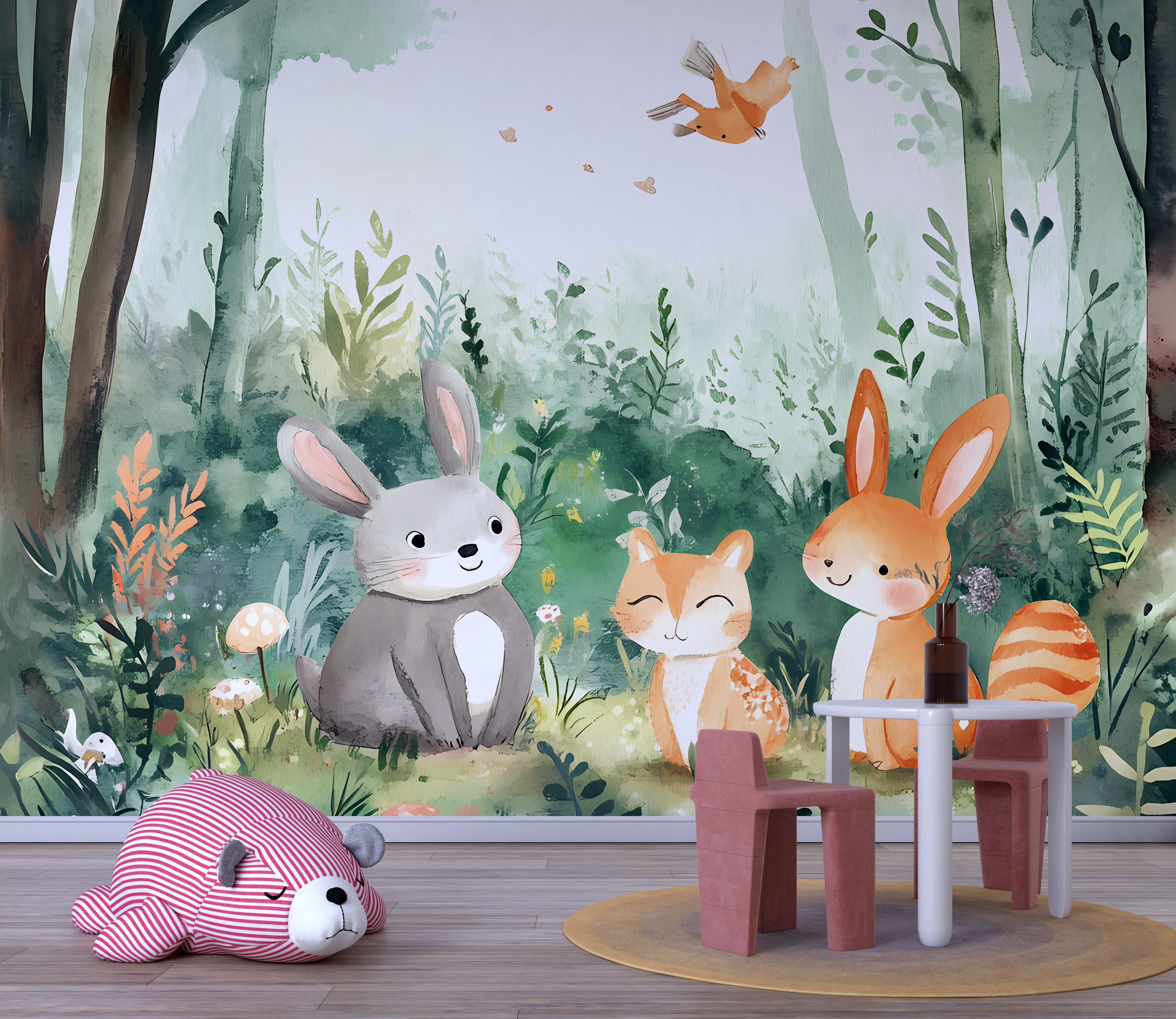 Stickalz Watercolor Animals Nursery Wallpaper, Watercolor Rabbits Wall ...