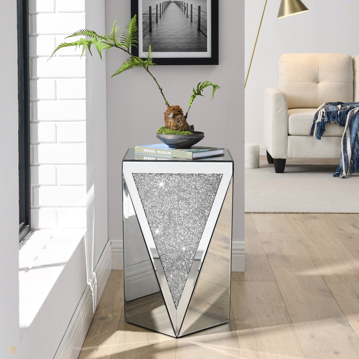 Mercer41 Inverted Triangular Mirror Square Table, Crystal Diamond ...