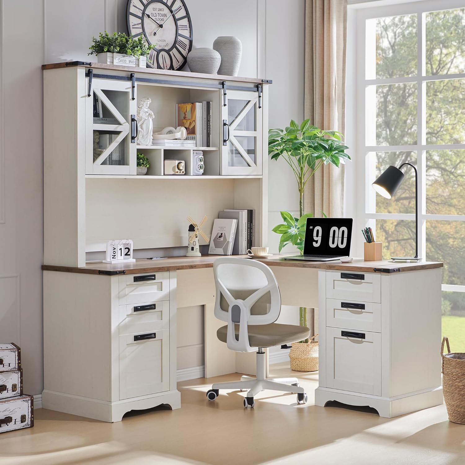 ATC CABINETS 60" Farmhouse L Shaped Desk with Hutch, Wood Home Office ...