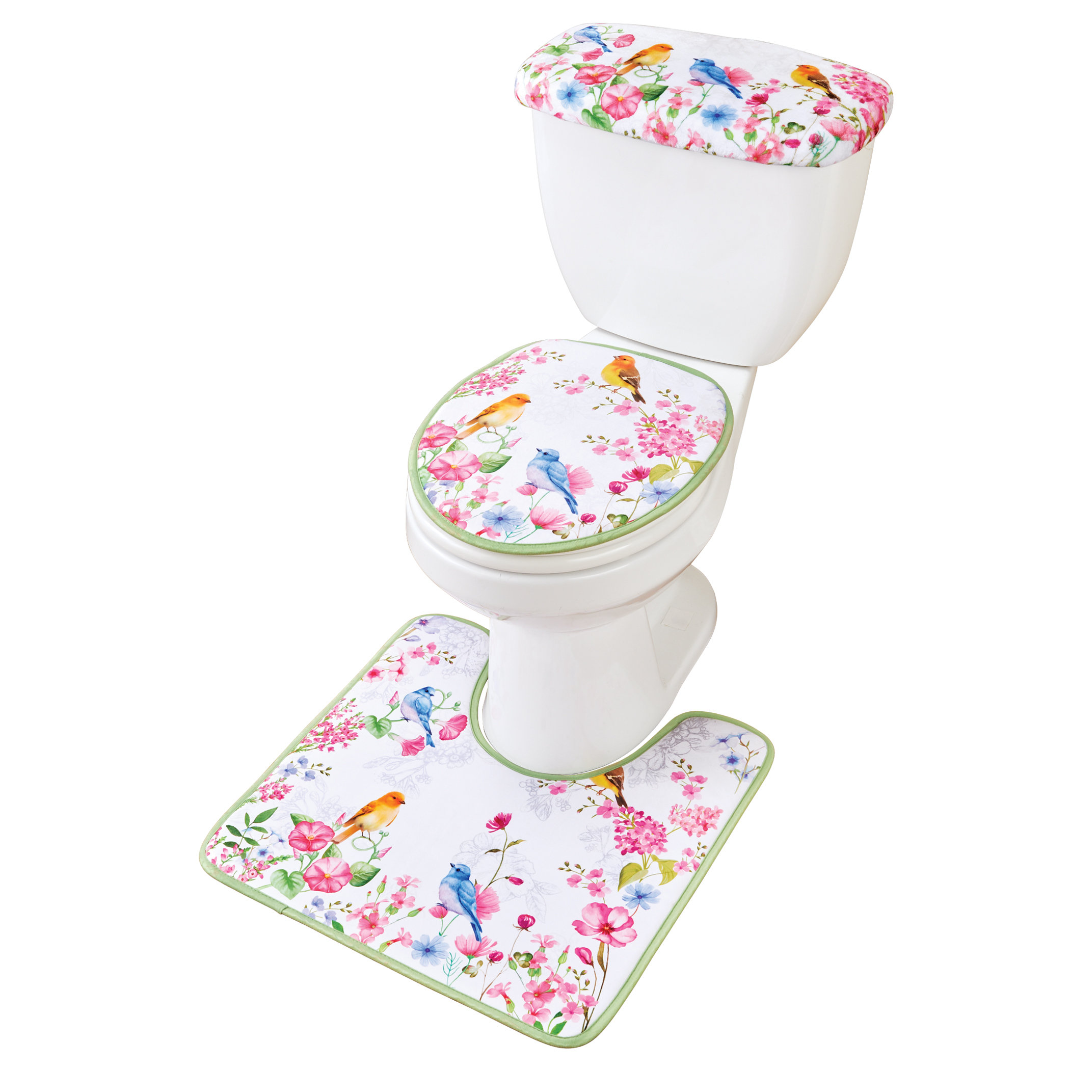 East Urban Home Colorful Birds on Flowering Branch 3-Piece Commode Set ...