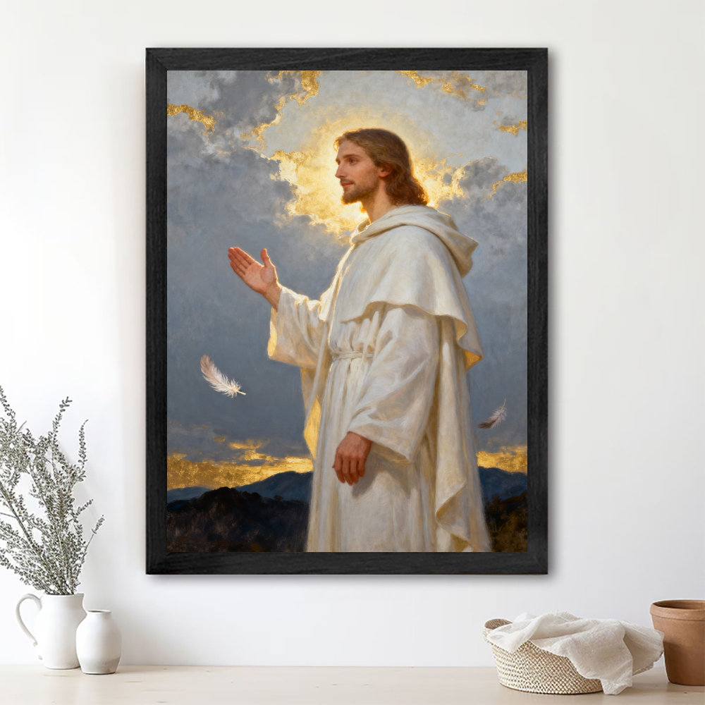 Winston Porter Black Framed Vintage Holy Jesus under the glow of light ...