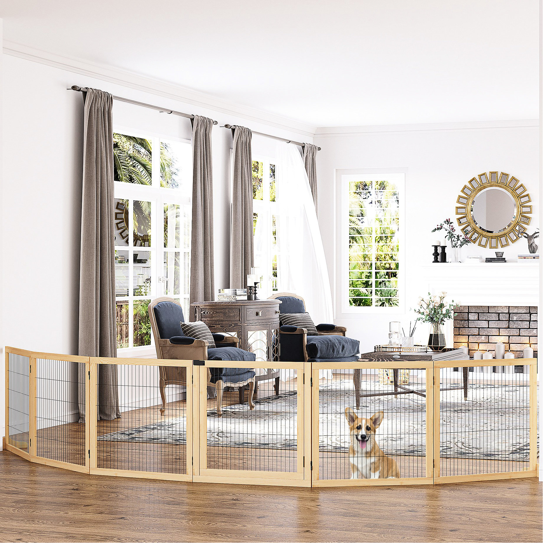 Ebern Designs Wooden Dog Gate, 170". Foldable Pet Barrier For Small ...