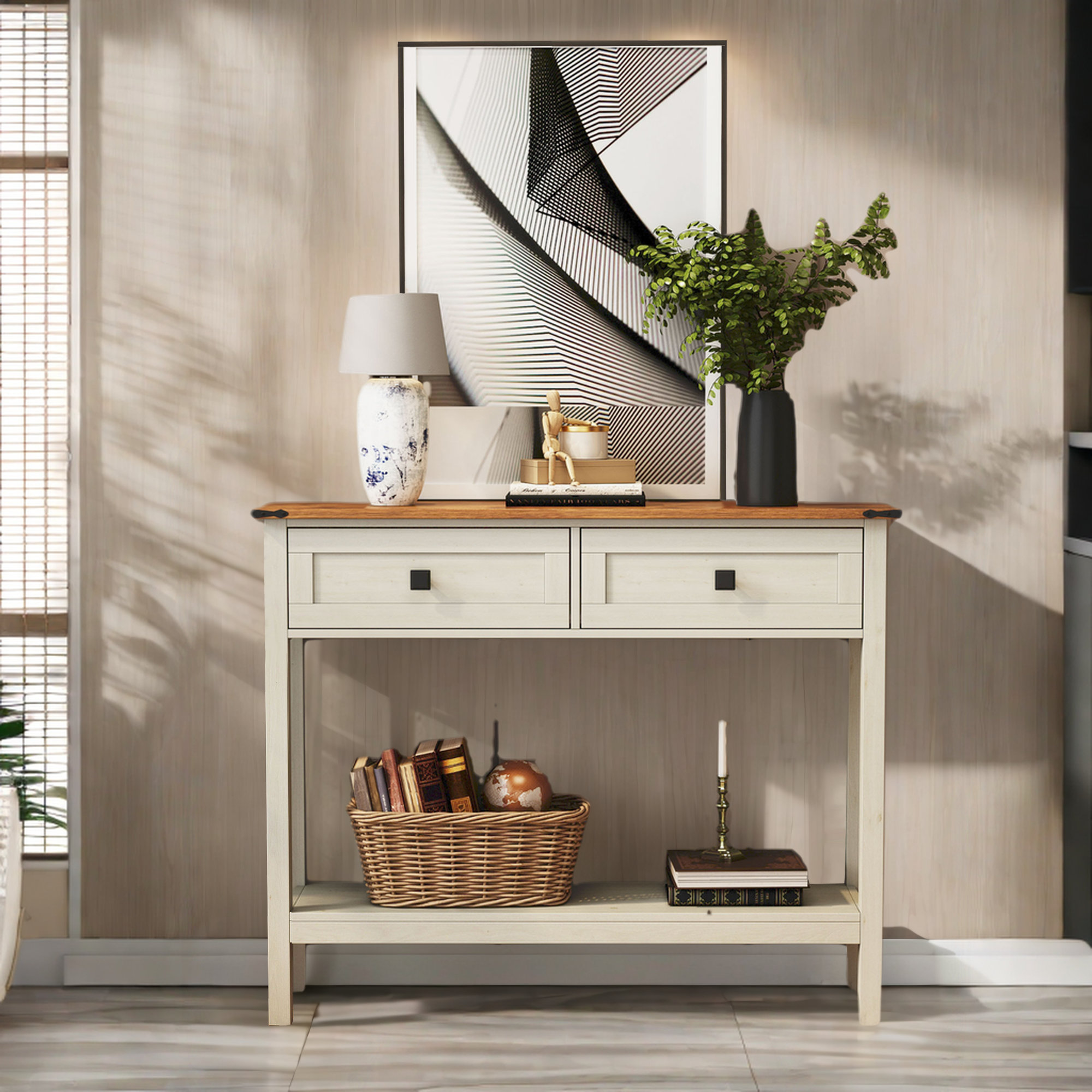 Gracie Oaks Farmhouse Console Table With 2 Drawers & Lower Shelf ...