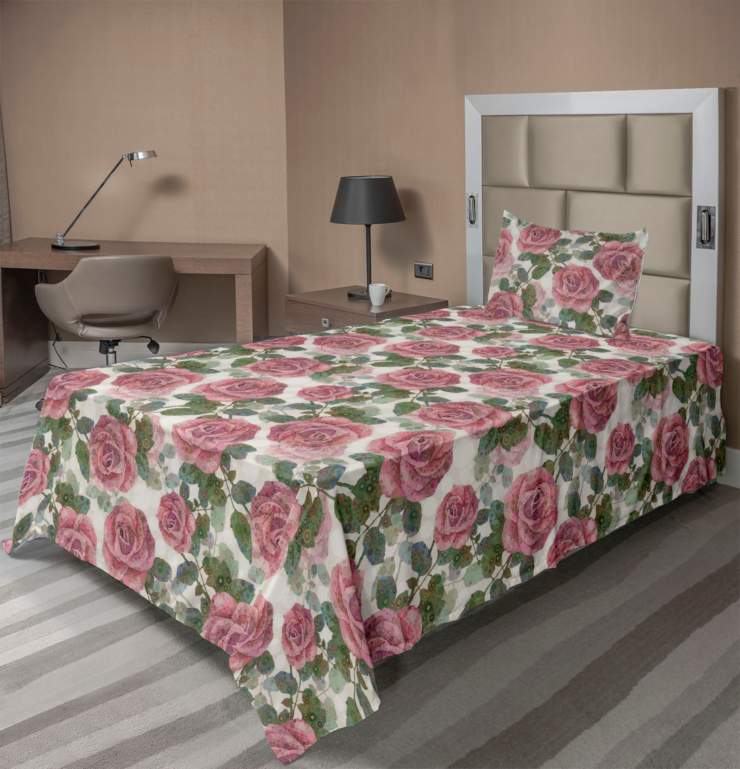 Ambesonne Roses Sheet Set English Garden Blossom Art Pastel Pink and ...